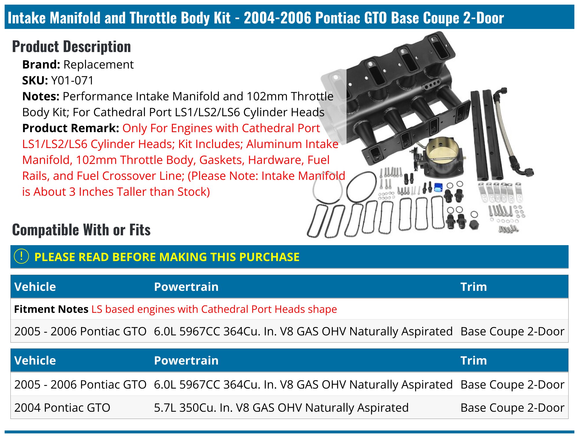 2004-2006 Pontiac GTO Intake Manifold - Replacement Y01-071 - PartsGeek.com