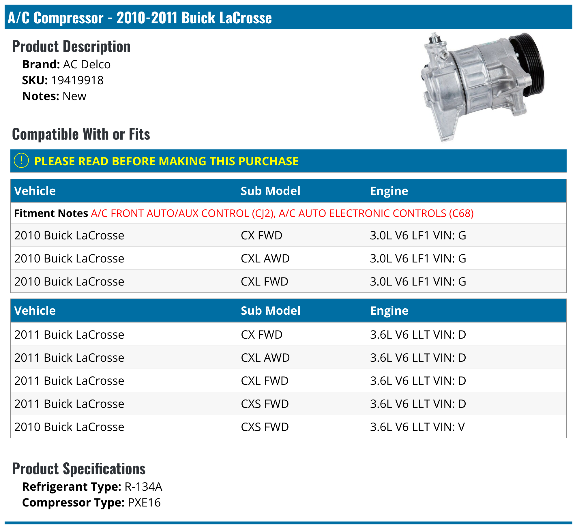 2010-2011 Buick LaCrosse A/C Compressor - AC Delco 19419918 - PartsGeek.com