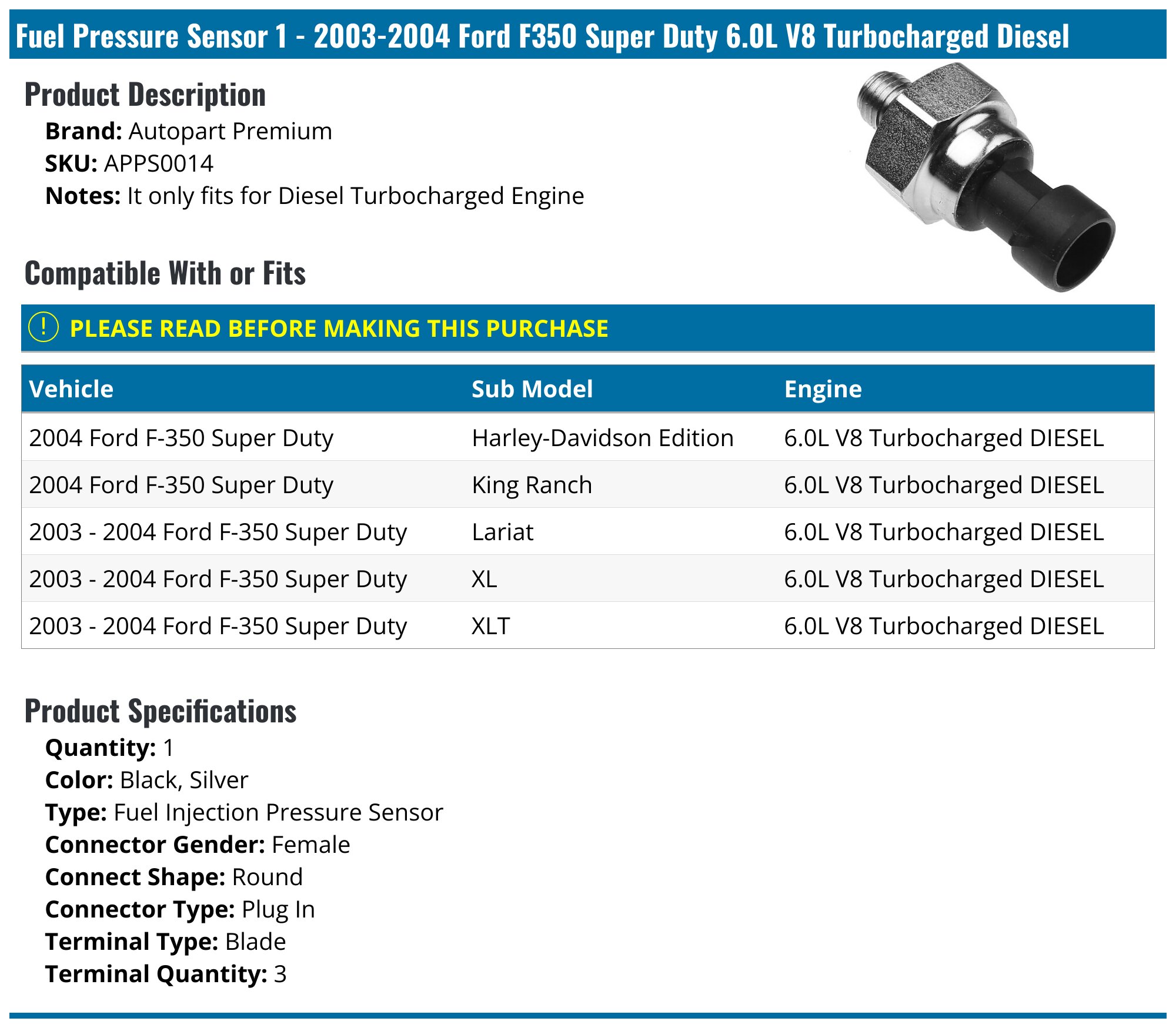 2003-2004 Ford F350 Super Duty Fuel Pressure Sensor - Autopart Premium ...