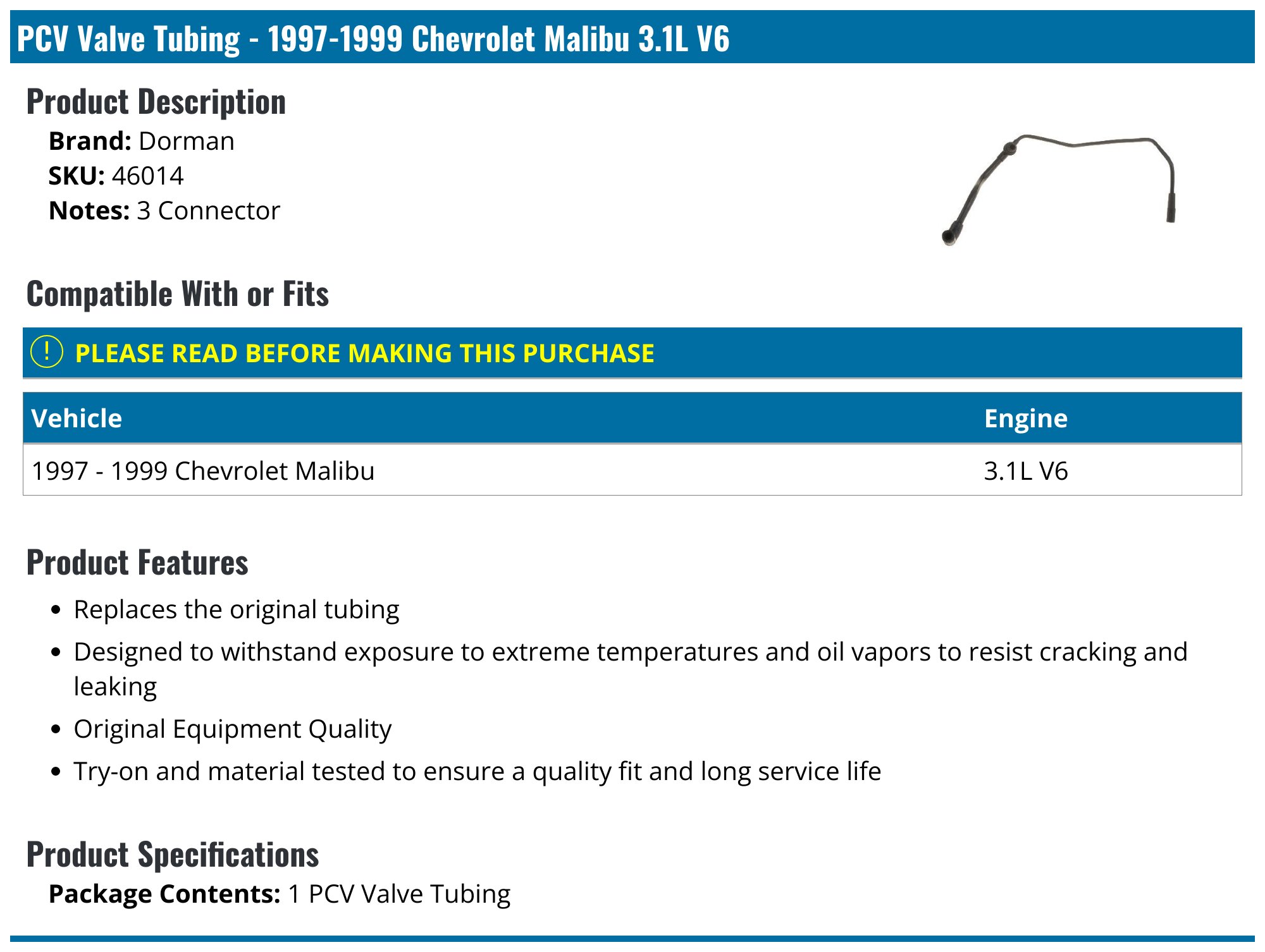 1997 1999 Chevrolet Malibu Pcv Hose Dorman 46014 Partsgeek