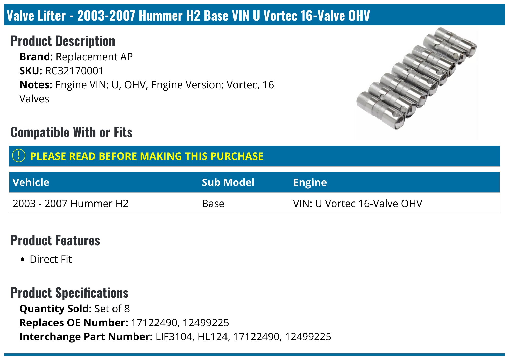 2003-2007 Hummer H2 Valve Lifter - Replacement AP RC32170001 ...