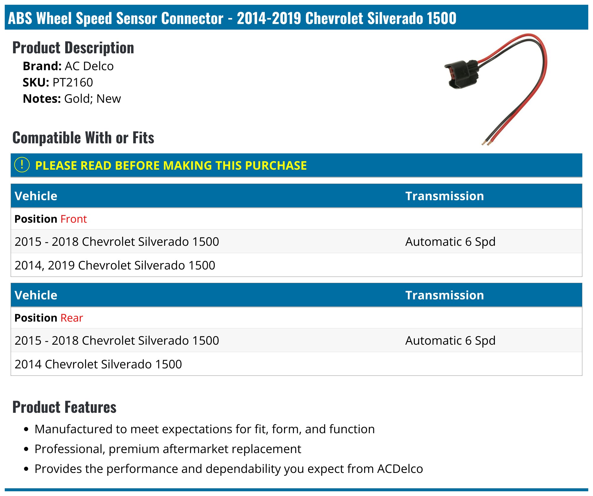 2014-2019 Chevrolet Silverado 1500 ABS Wheel Speed Sensor Connector ...