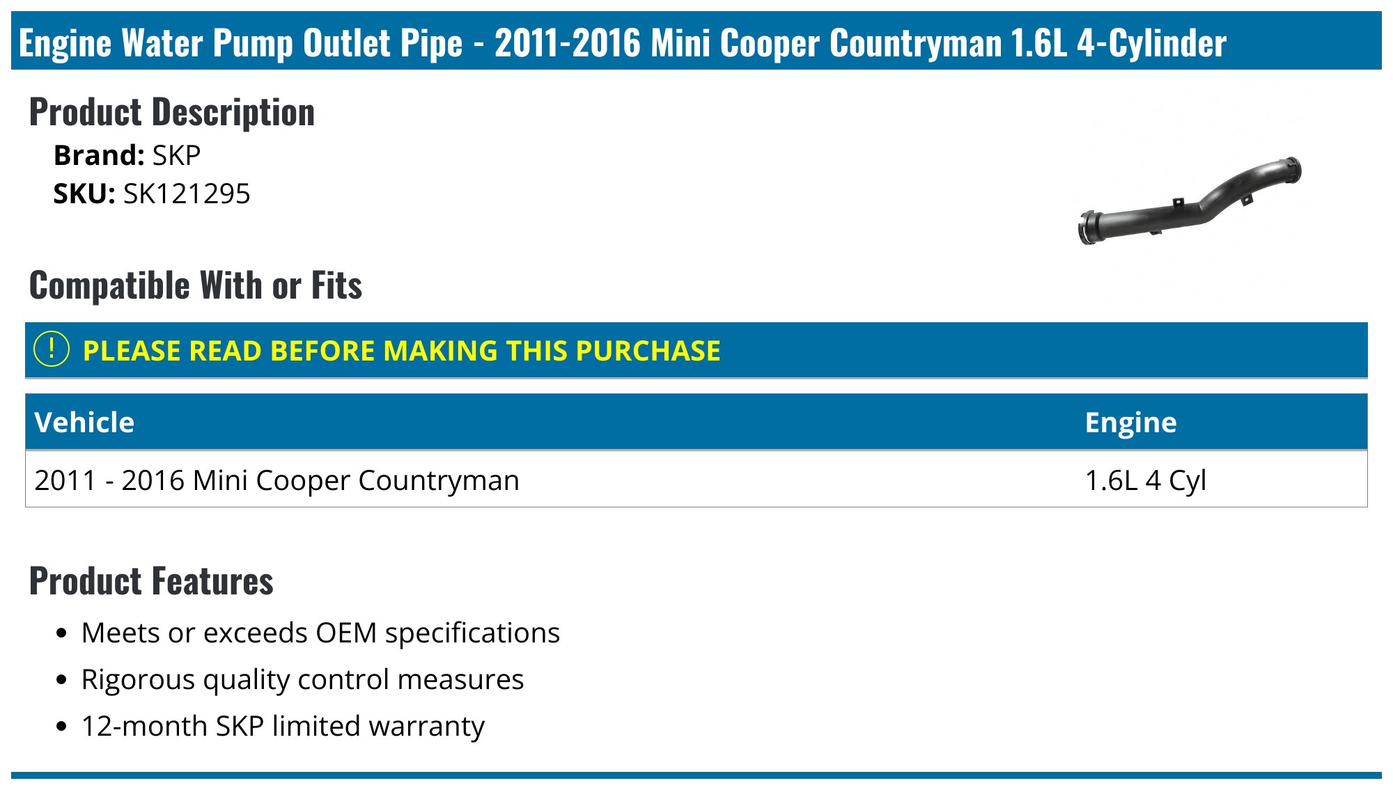 2011-2016 Mini Cooper Countryman Engine Water Pump Outlet Pipe - SKP ...