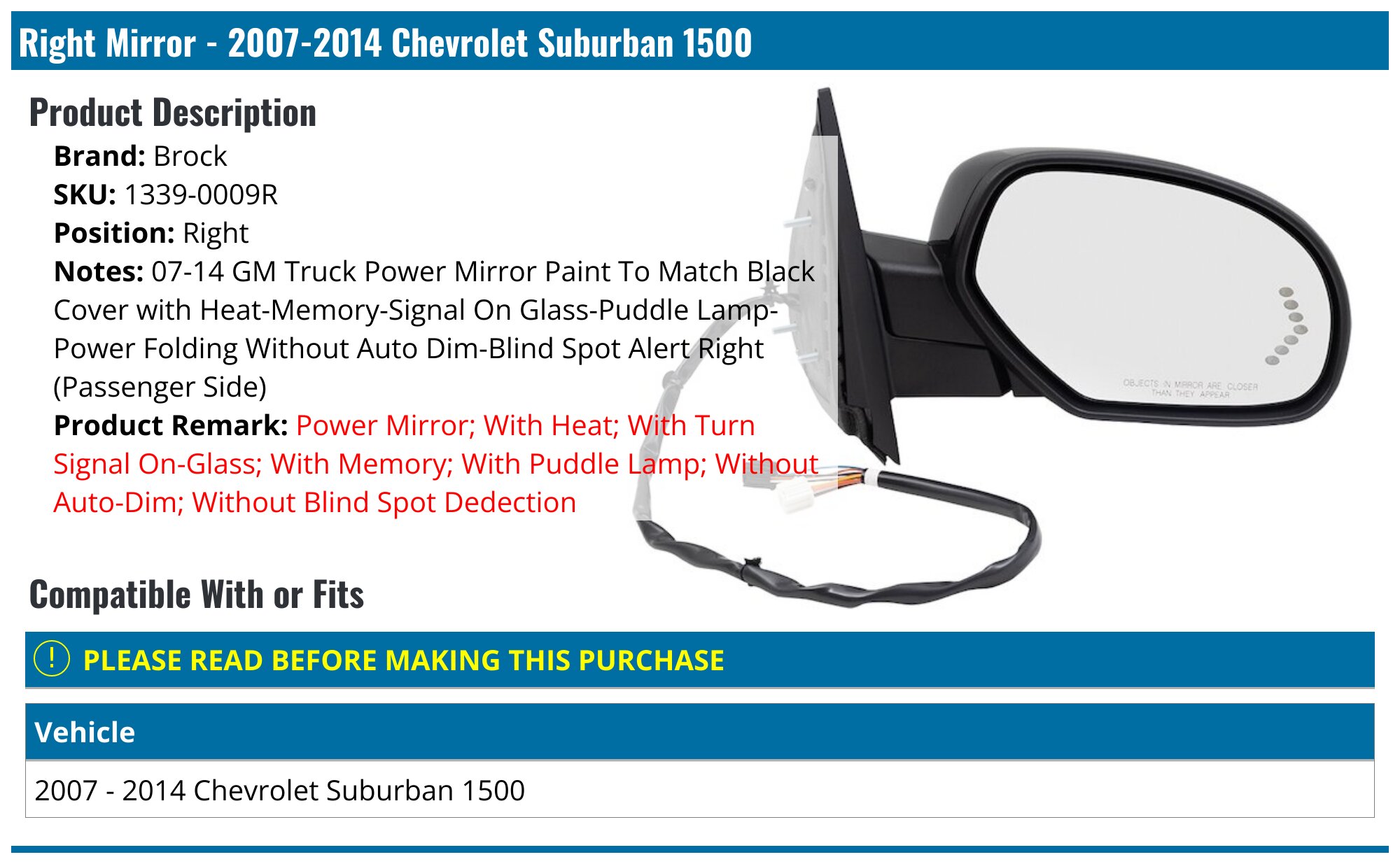 2007-2014 Chevrolet Suburban 1500 Mirror - Brock 1339-0009R - Right ...