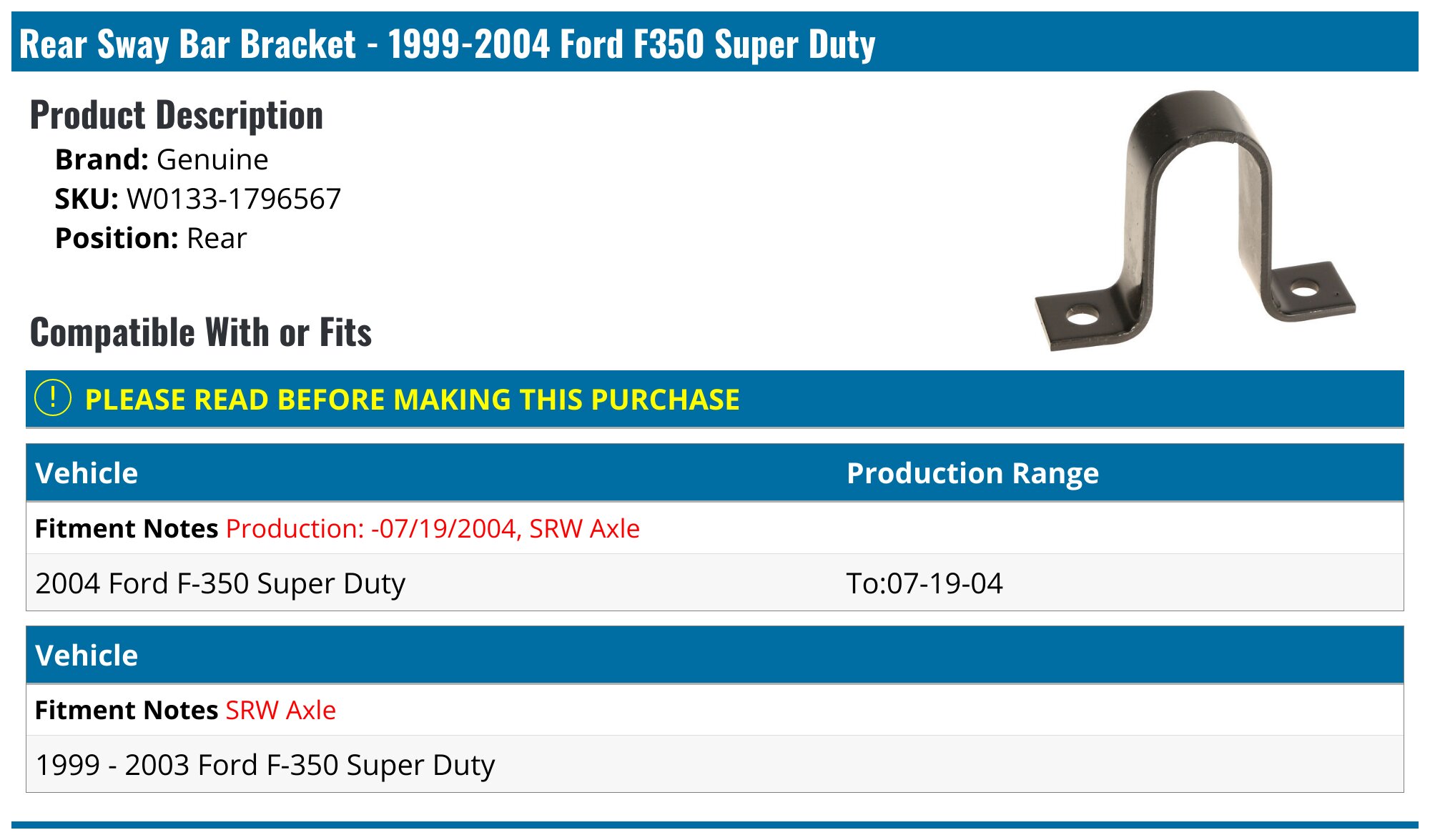 1999-2004 Ford F350 Super Duty Sway Bar Bracket - Genuine W0133-1796567 ...
