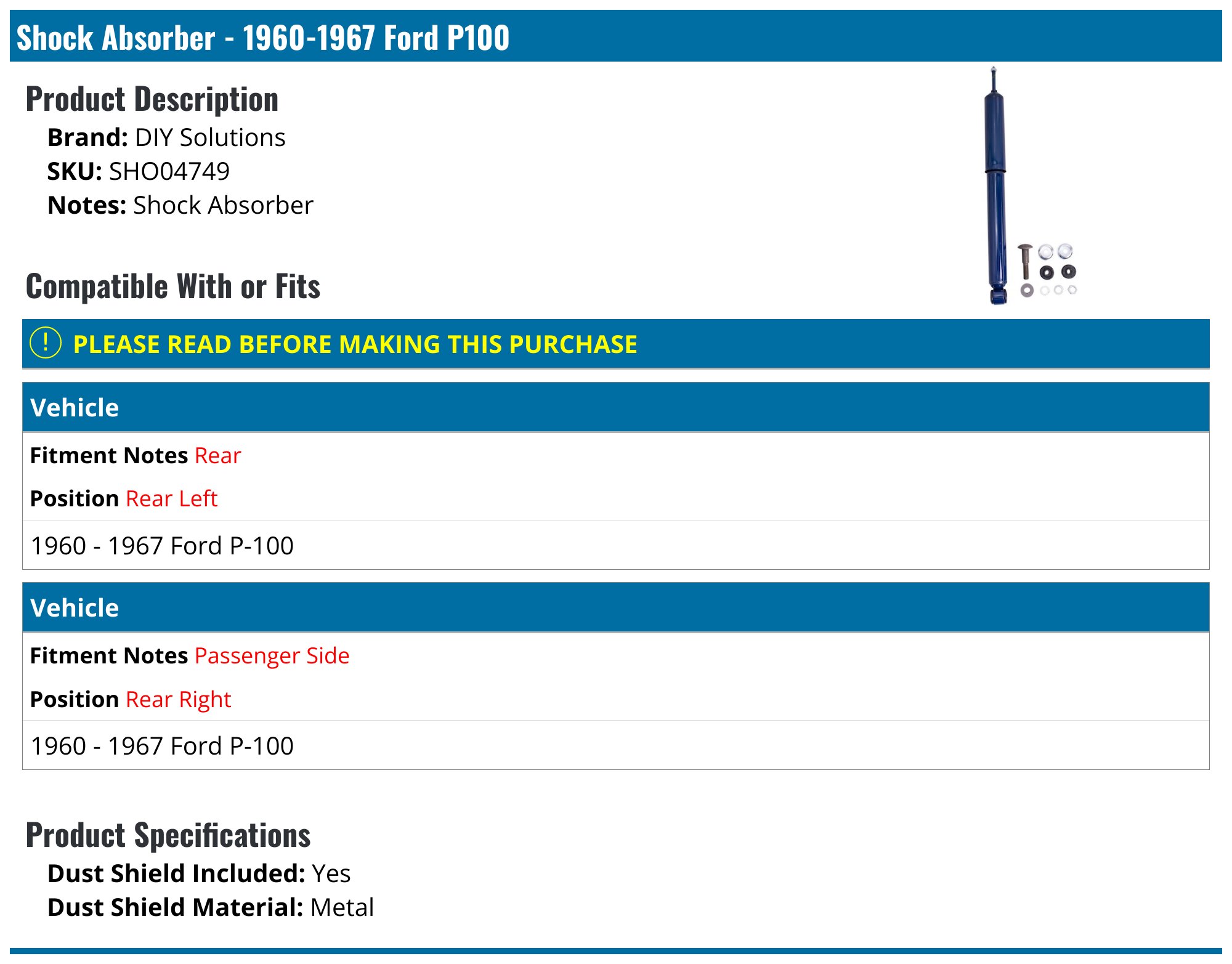 1960-1967 Ford P100 Shock Absorber - DIY Solutions SHO04749 - Rear Left ...