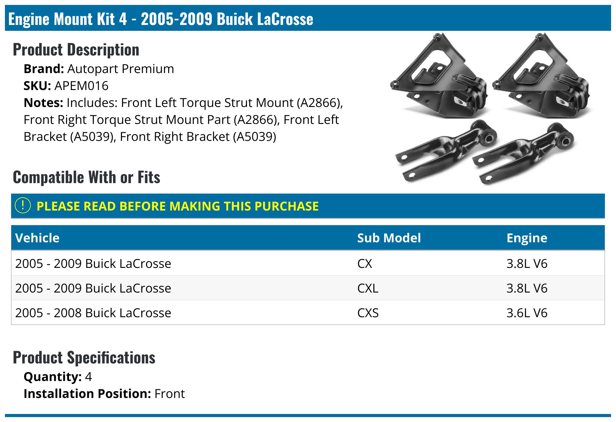 2005-2009 Buick LaCrosse Engine Mount - Autopart Premium APEM016 ...
