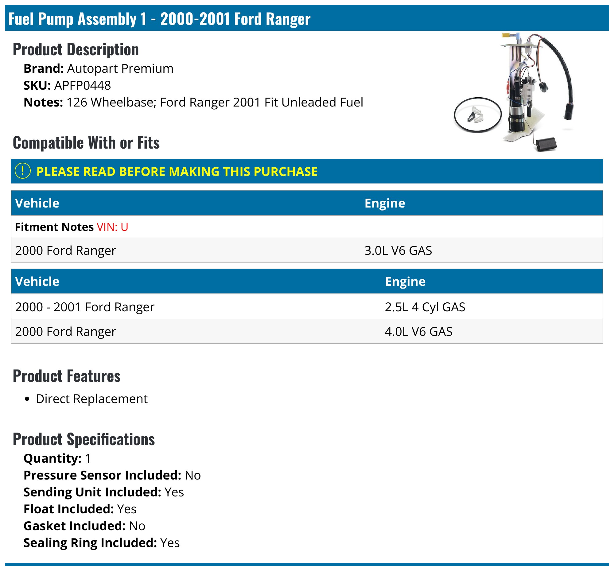 2000-2001 Ford Ranger Fuel Pump - Autopart Premium APFP0448 - PartsGeek.com