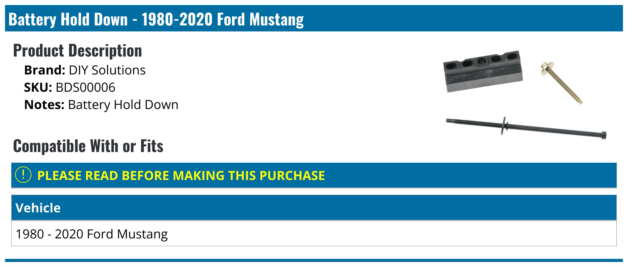 1980-2020 Ford Mustang Battery Hold Down - DIY Solutions BDS00006 ...