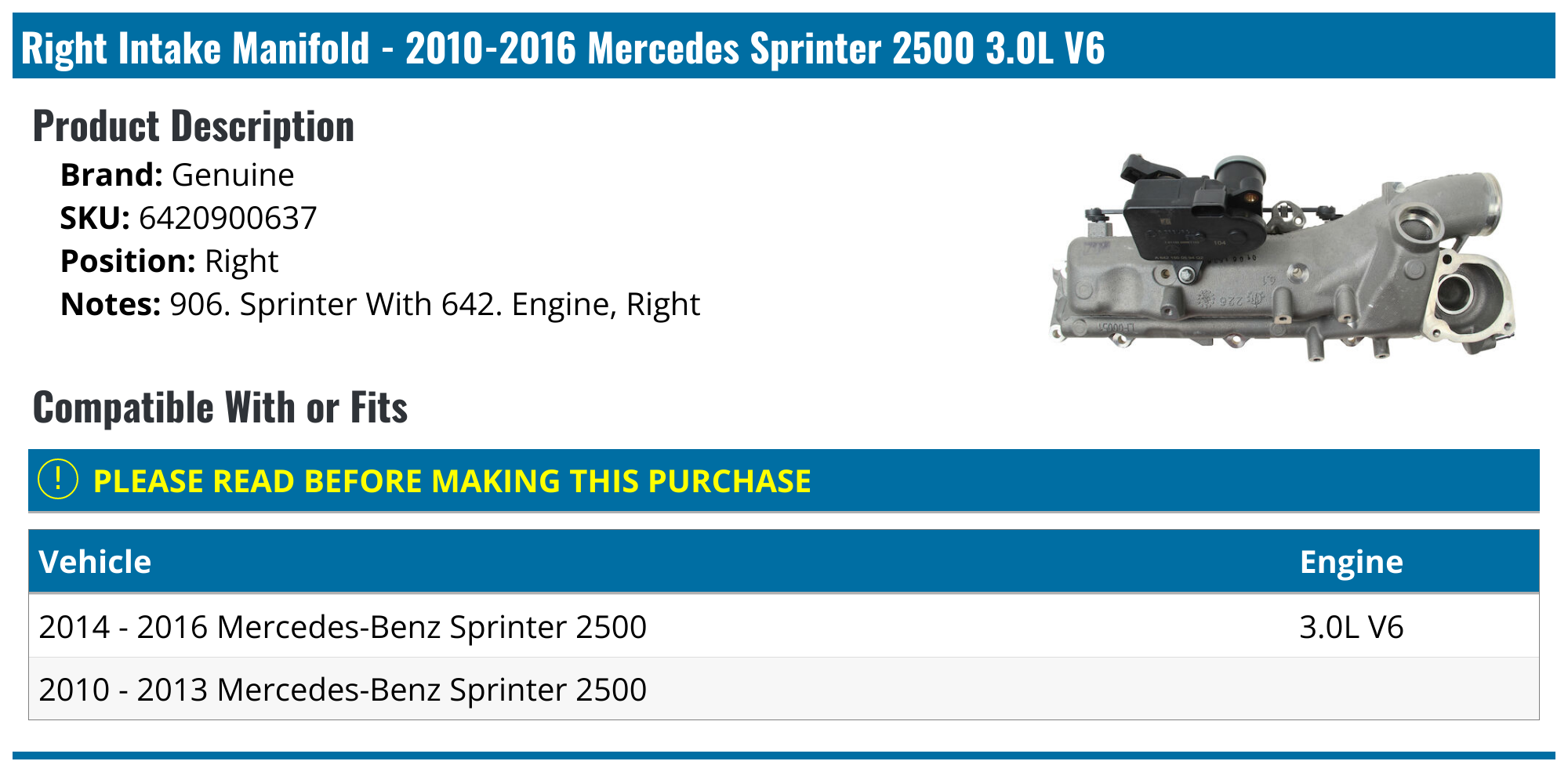 2010-2016 Mercedes Sprinter 2500 Intake Manifold - Genuine 6420900637 ...