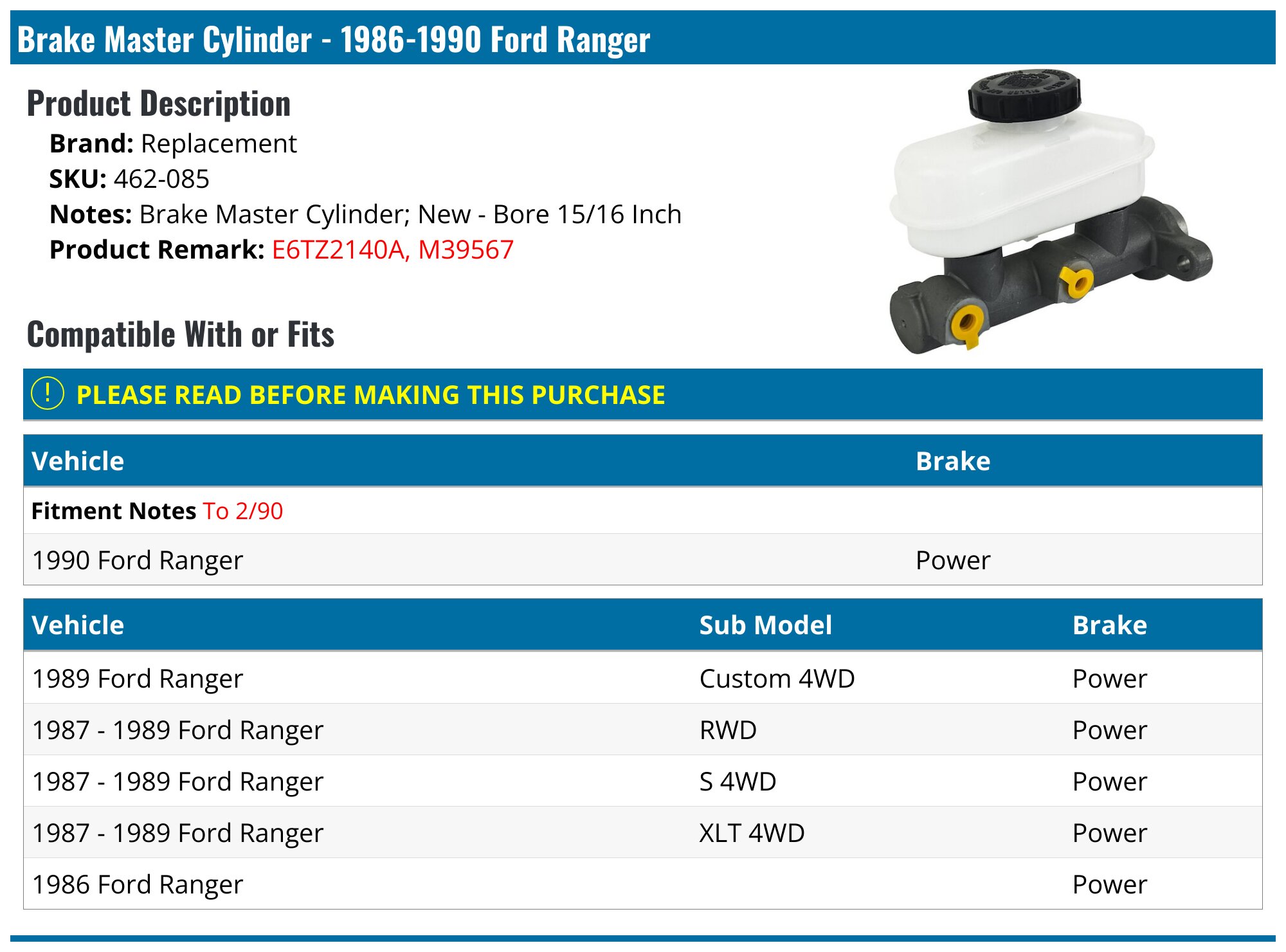 1986-1990 Ford Ranger Brake Master Cylinder - Replacement 462-085 ...