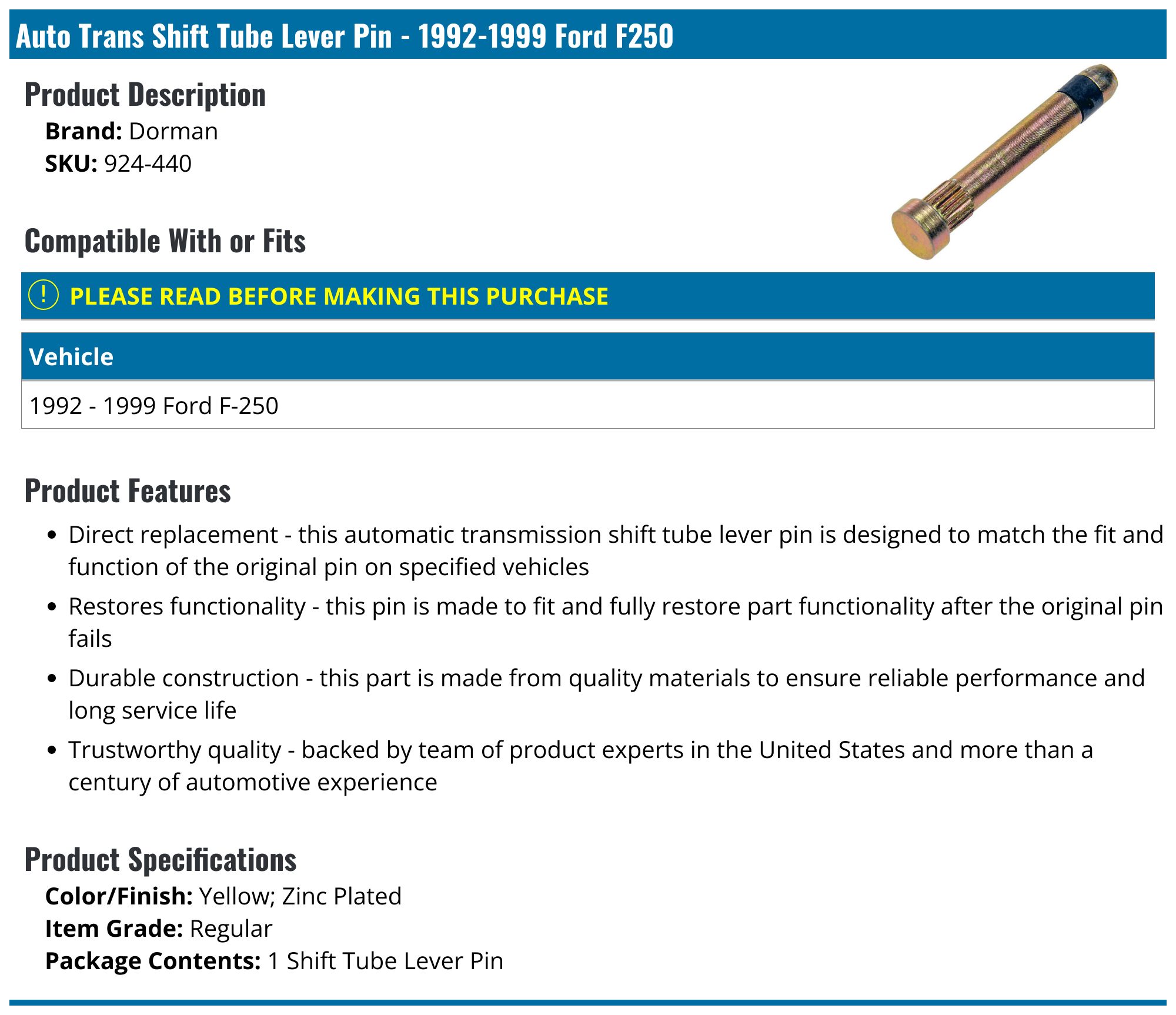 1992-1999 Ford F250 Auto Trans Shift Tube Lever Pin - Dorman 924-440 ...