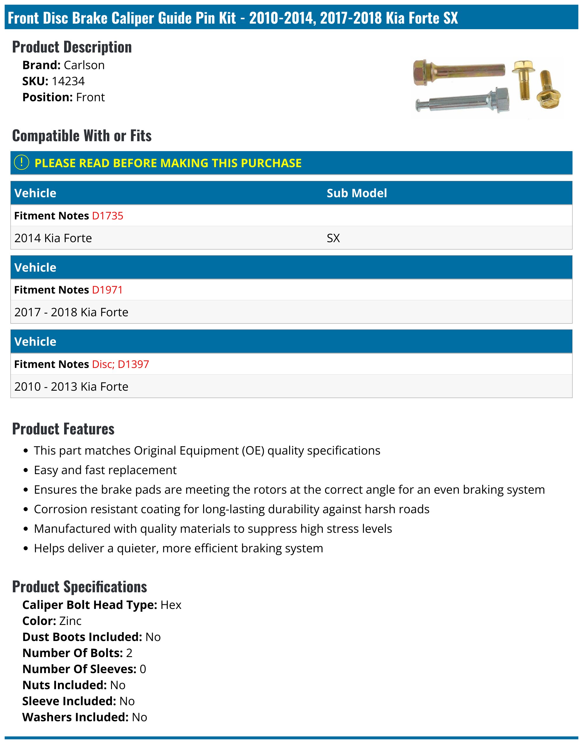 2010-2014, 2017-2021 Kia Forte Disc Brake Caliper Guide Pin Kit ...