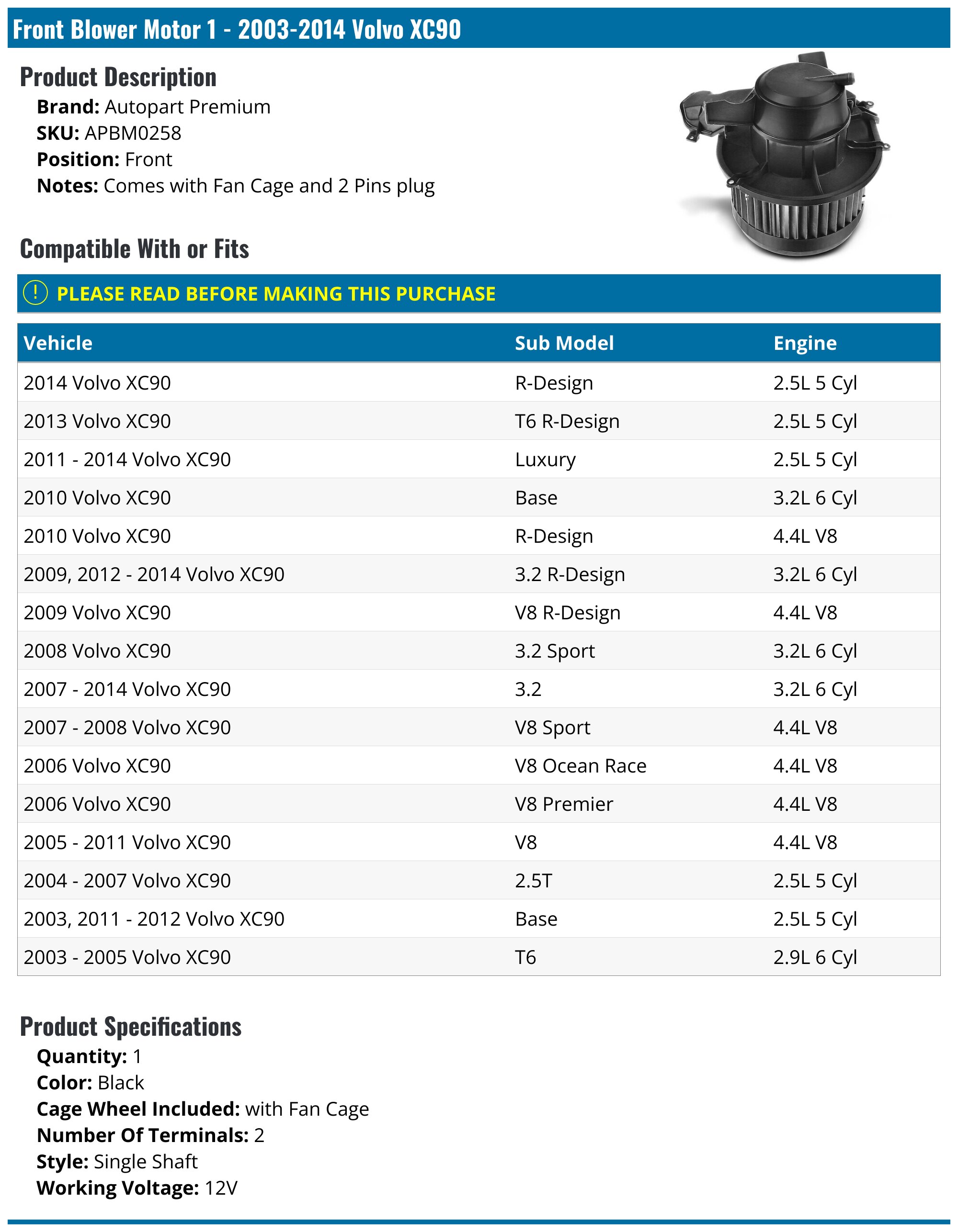 2003-2014 Volvo XC90 Blower Motor - Autopart Premium APBM0258 - Front ...