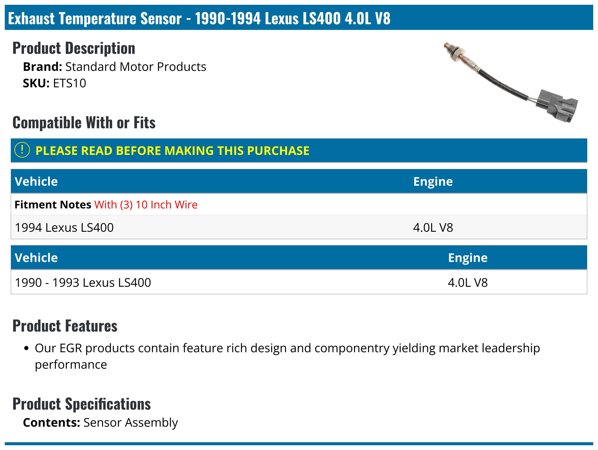 1990-1994 Lexus LS400 Exhaust Temperature Sensor - Standard Motor ...