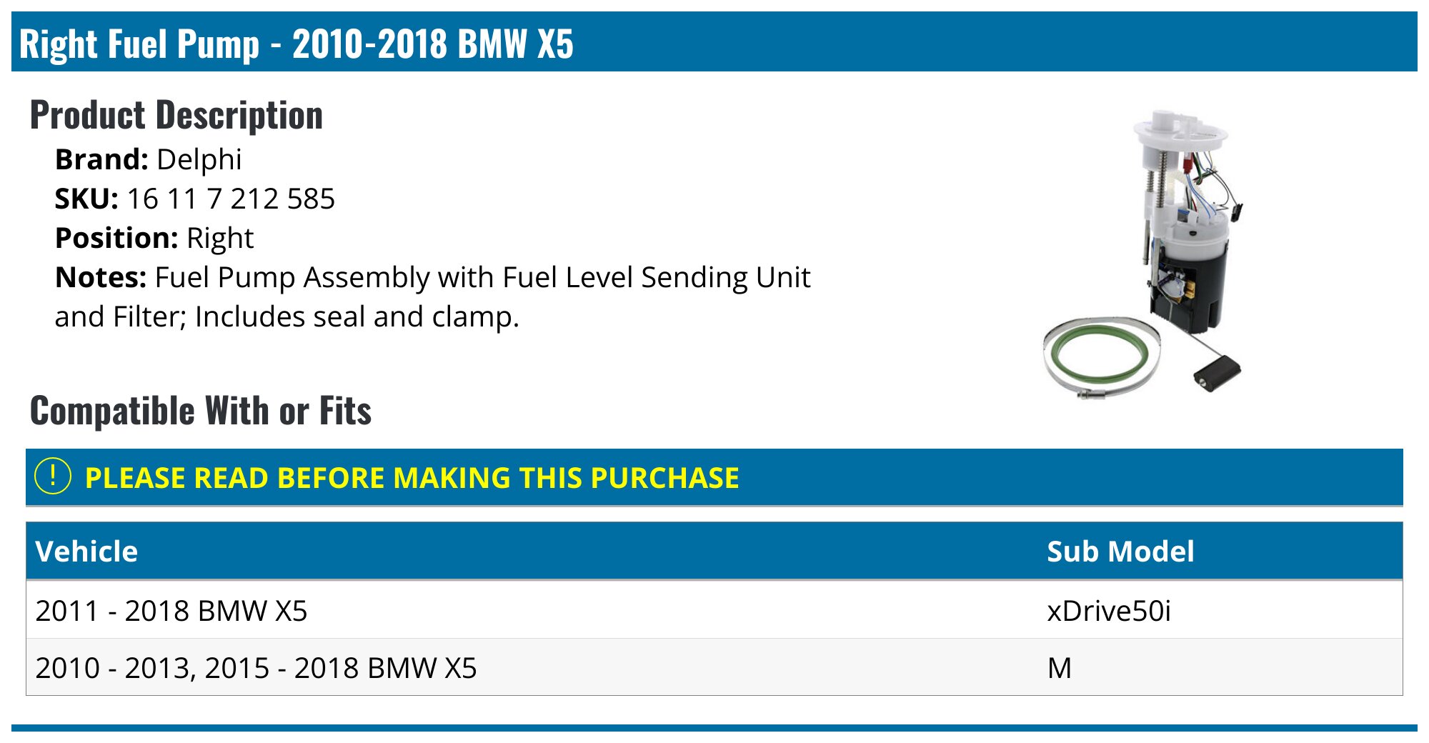 2010-2018 BMW X5 Fuel Pump - Delphi 16 11 7 212 585 - Right - PartsGeek.com