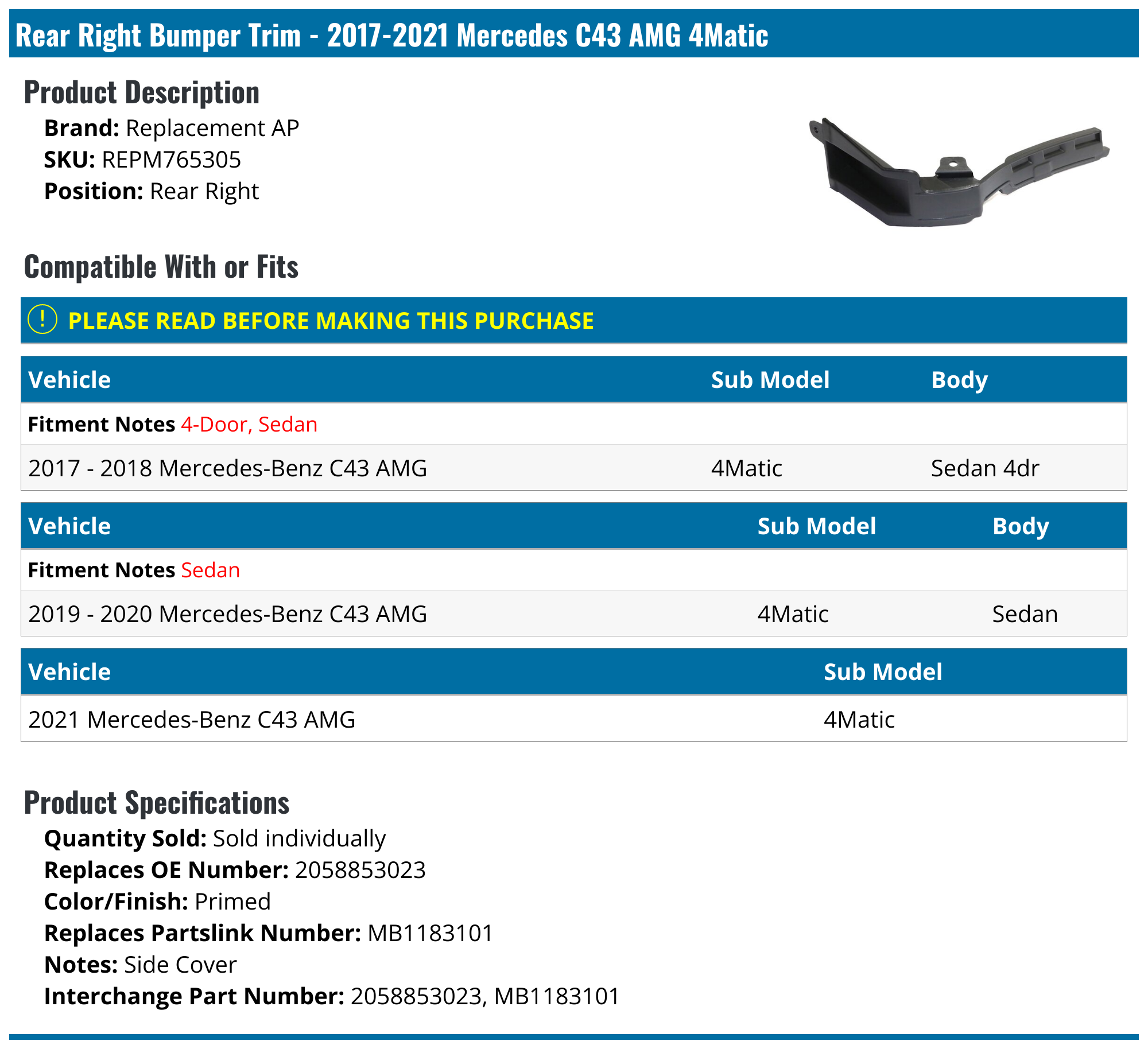 2017-2021 Mercedes C43 AMG Bumper Trim - Replacement AP REPM765305 ...