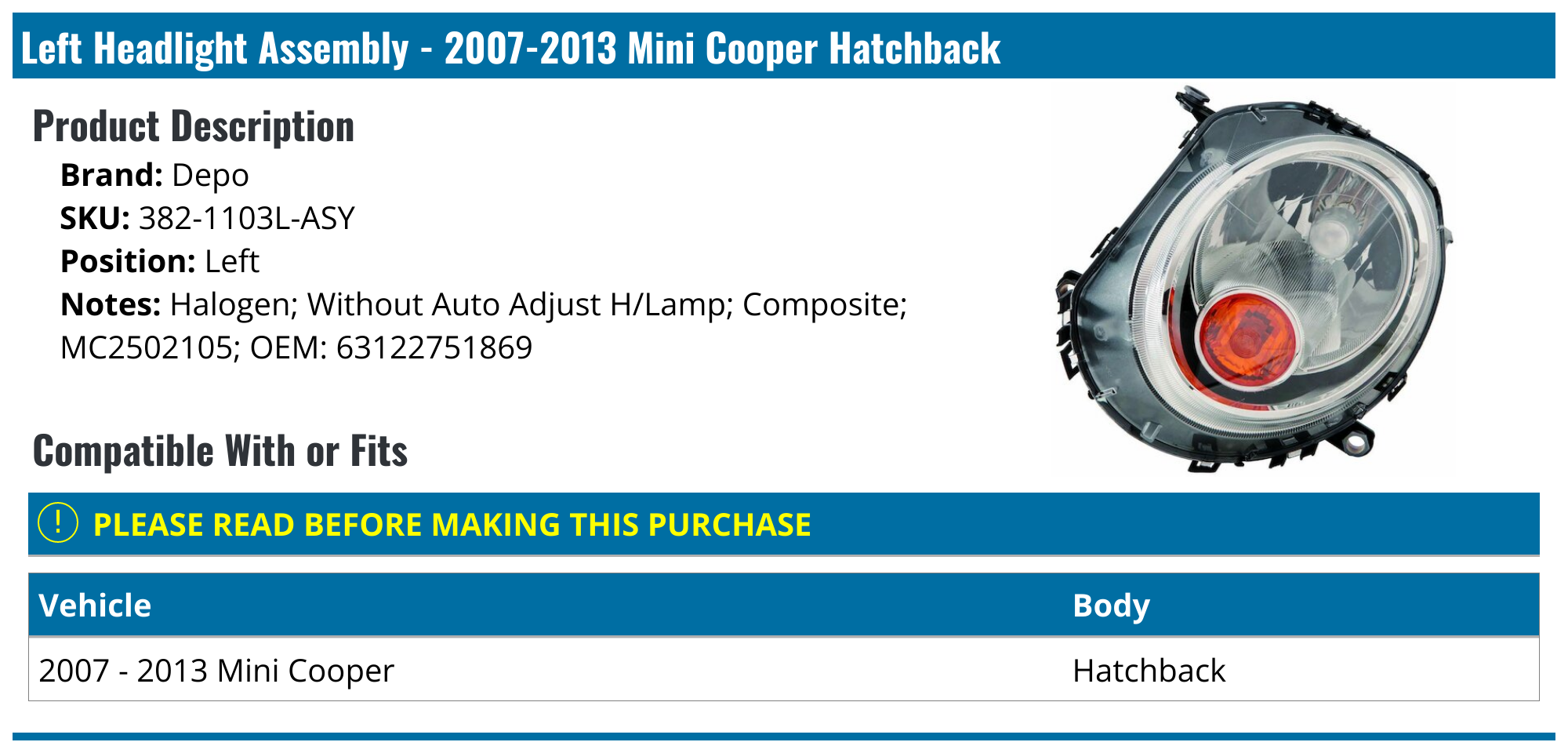 2007-2013 Mini Cooper Headlight Assembly - Depo 382-1103L-ASY - Left ...