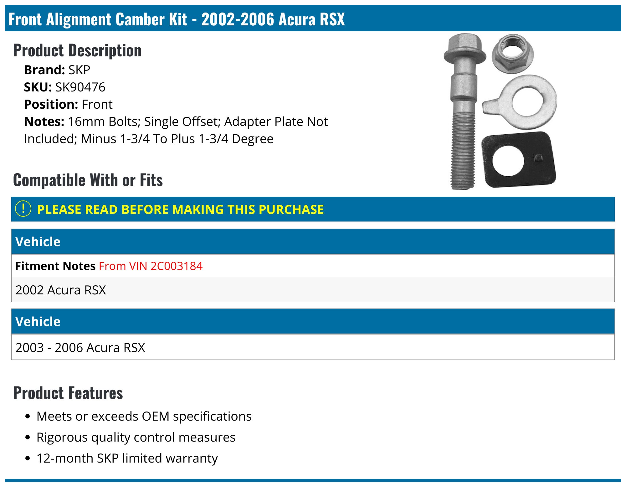 2002-2006 Acura RSX Alignment Camber Kit - SKP SK90476 - Front ...