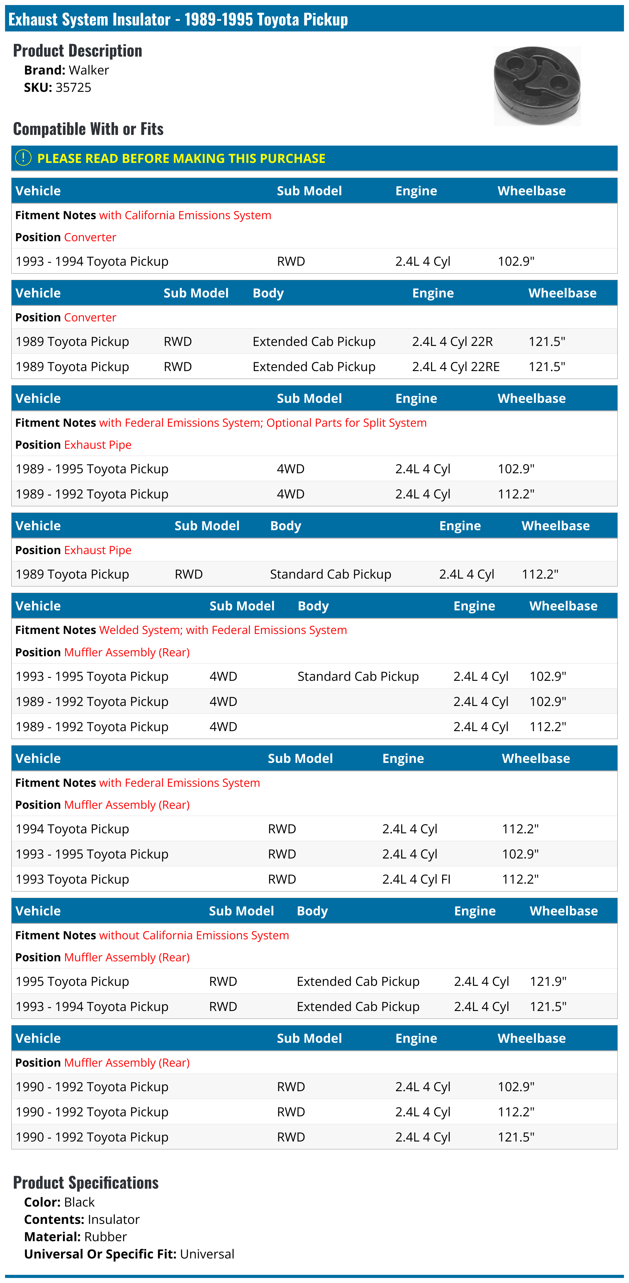 1989-1995 Toyota Pickup Exhaust System Insulator - Walker 35725 ...