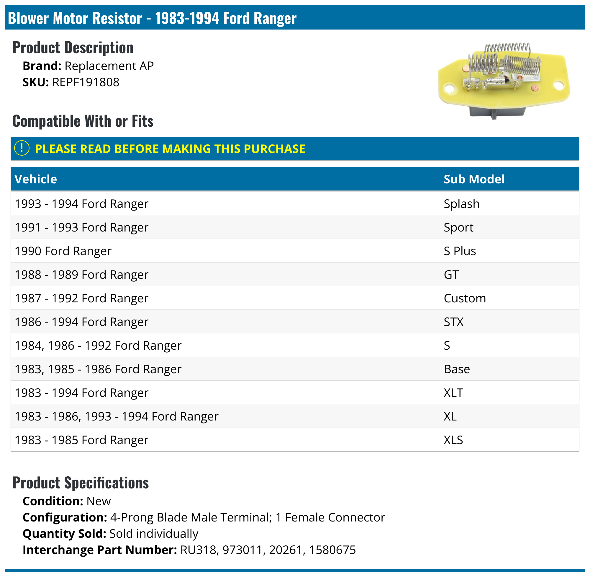 1983-1994 Ford Ranger Blower Motor Resistor - Replacement AP REPF191808 ...