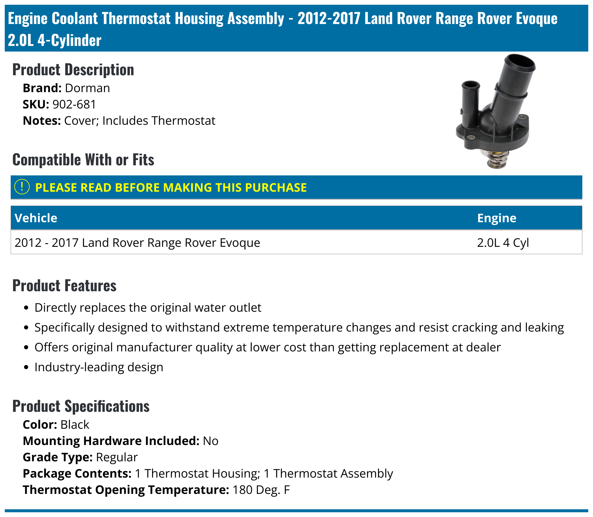 2012-2017 Land Rover Range Rover Evoque Thermostat Housing - Dorman 902 ...