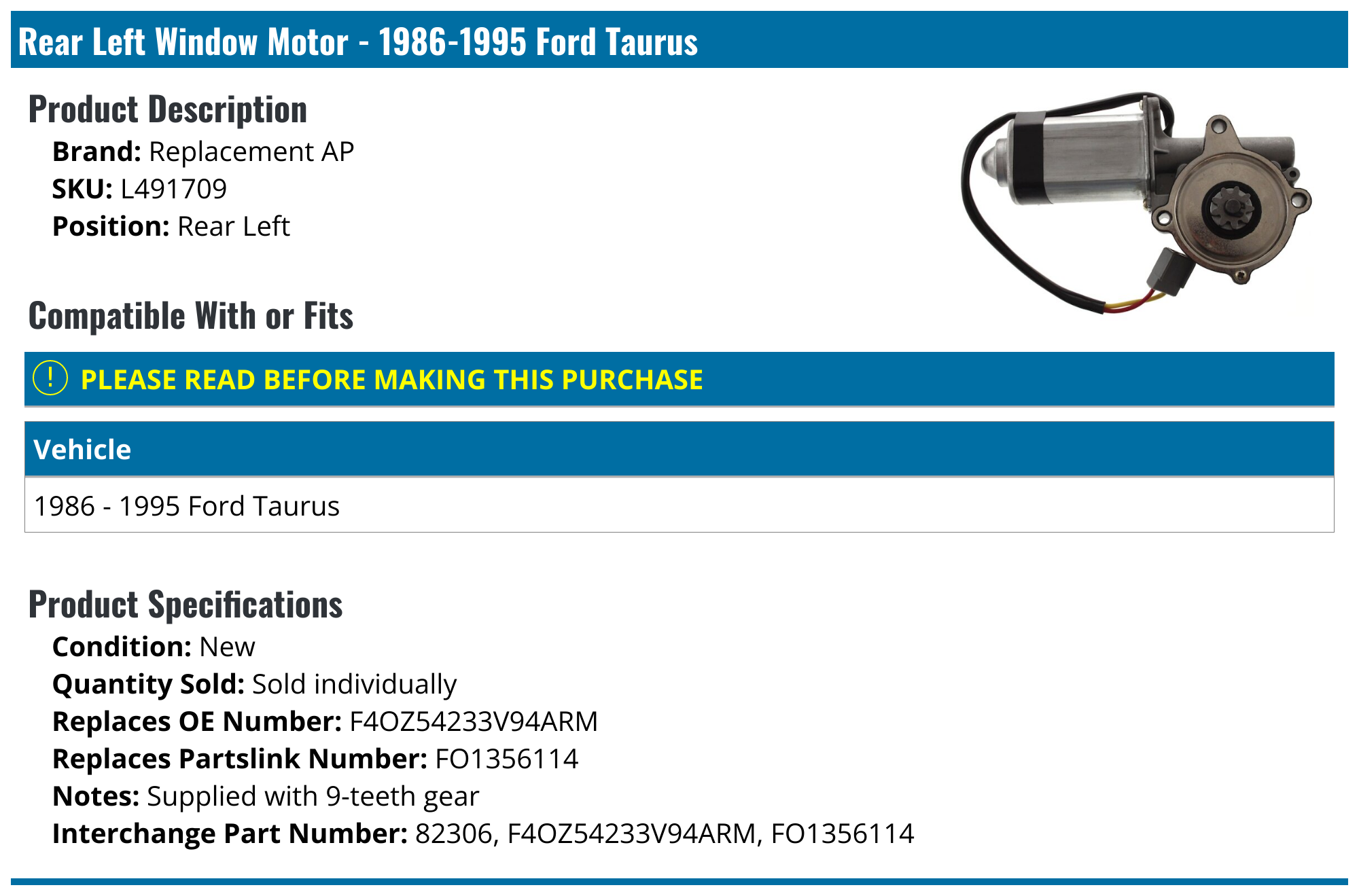 1986-1995 Ford Taurus Window Motor - Replacement AP L491709 - Rear Left ...