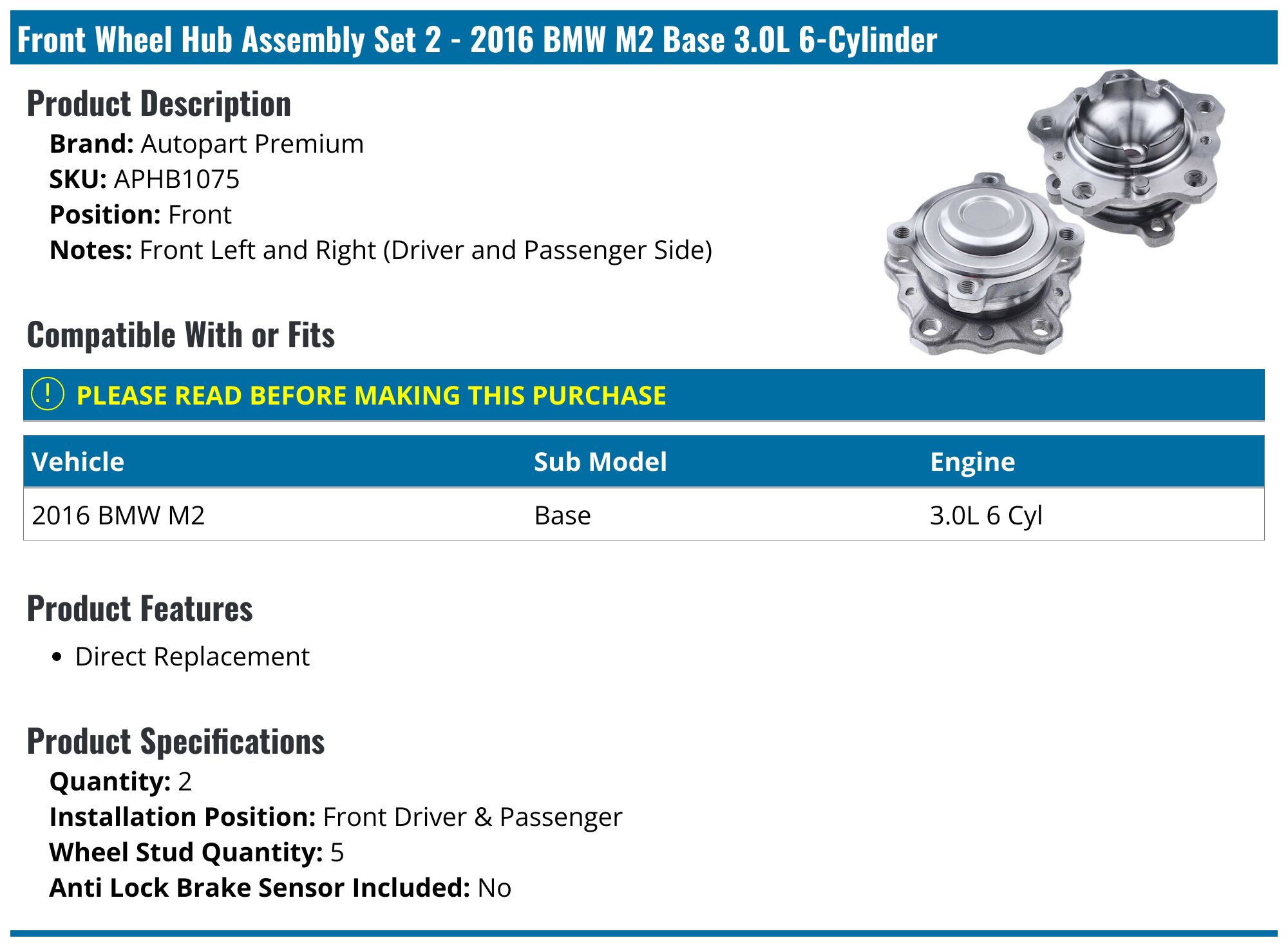2016 BMW M2 Wheel Hub Assembly - Autopart Premium APHB1075 - Front ...