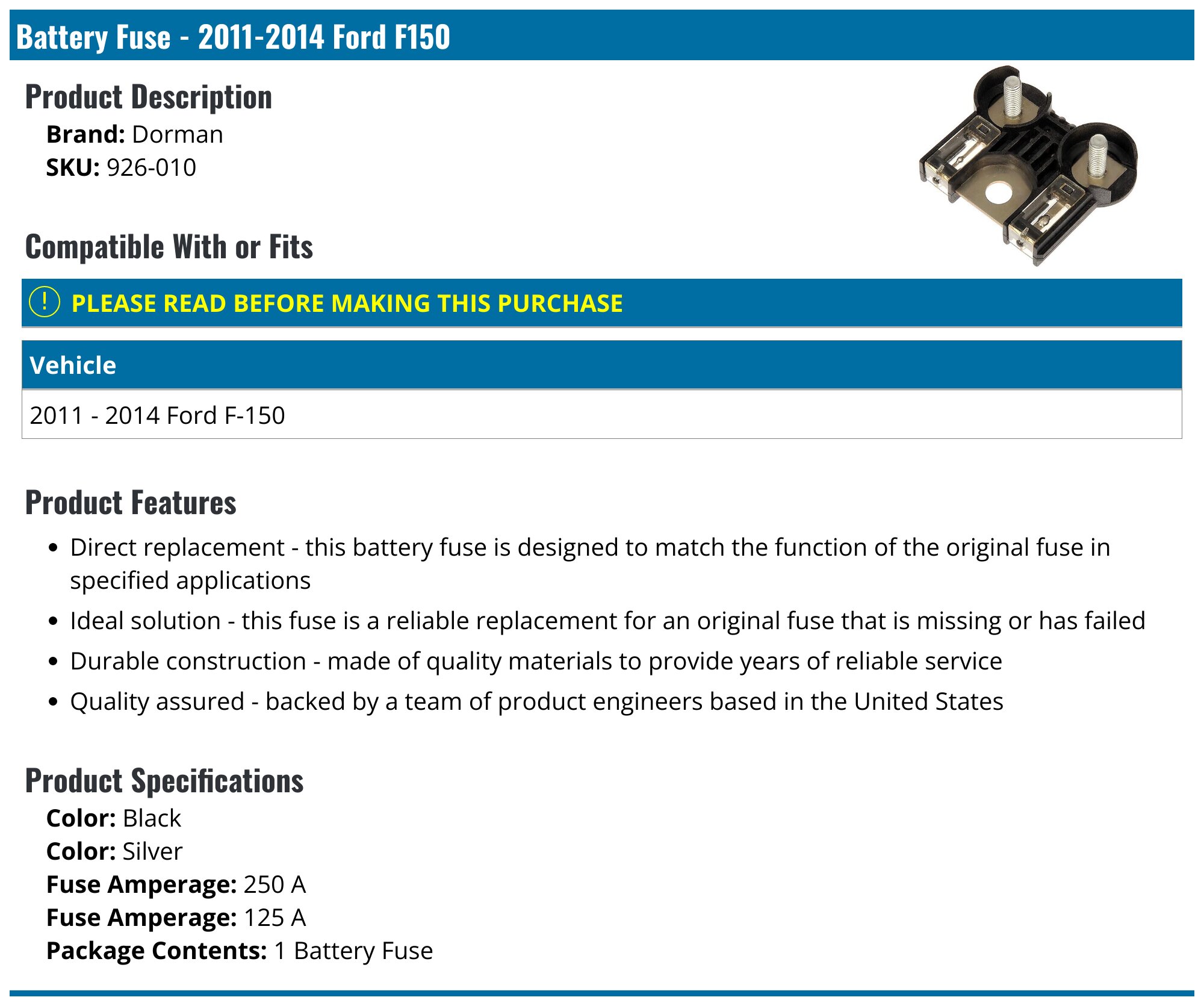 2011-2014 Ford F150 Battery Fuse - Dorman 926-010 - - PartsGeek.com