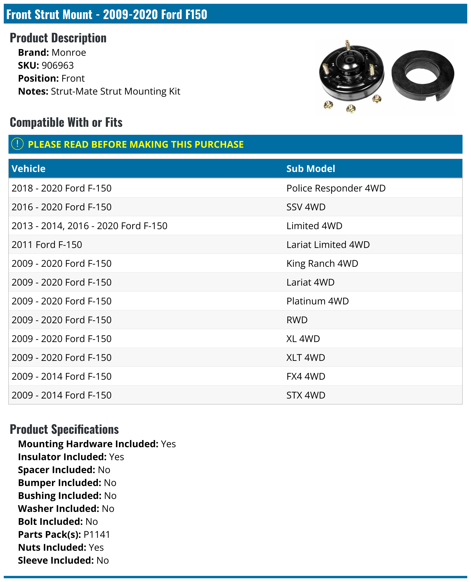 2009-2020 Ford F150 Strut Mount - Monroe 906963 - Front - PartsGeek.com