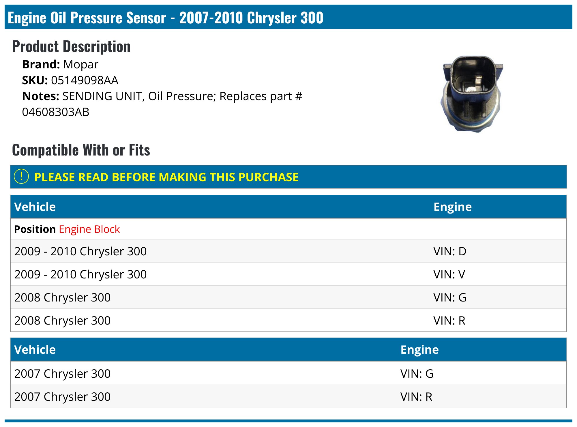 2008-2010 Chrysler 300 Engine Oil Pressure Sensor - Mopar 05149098AA ...