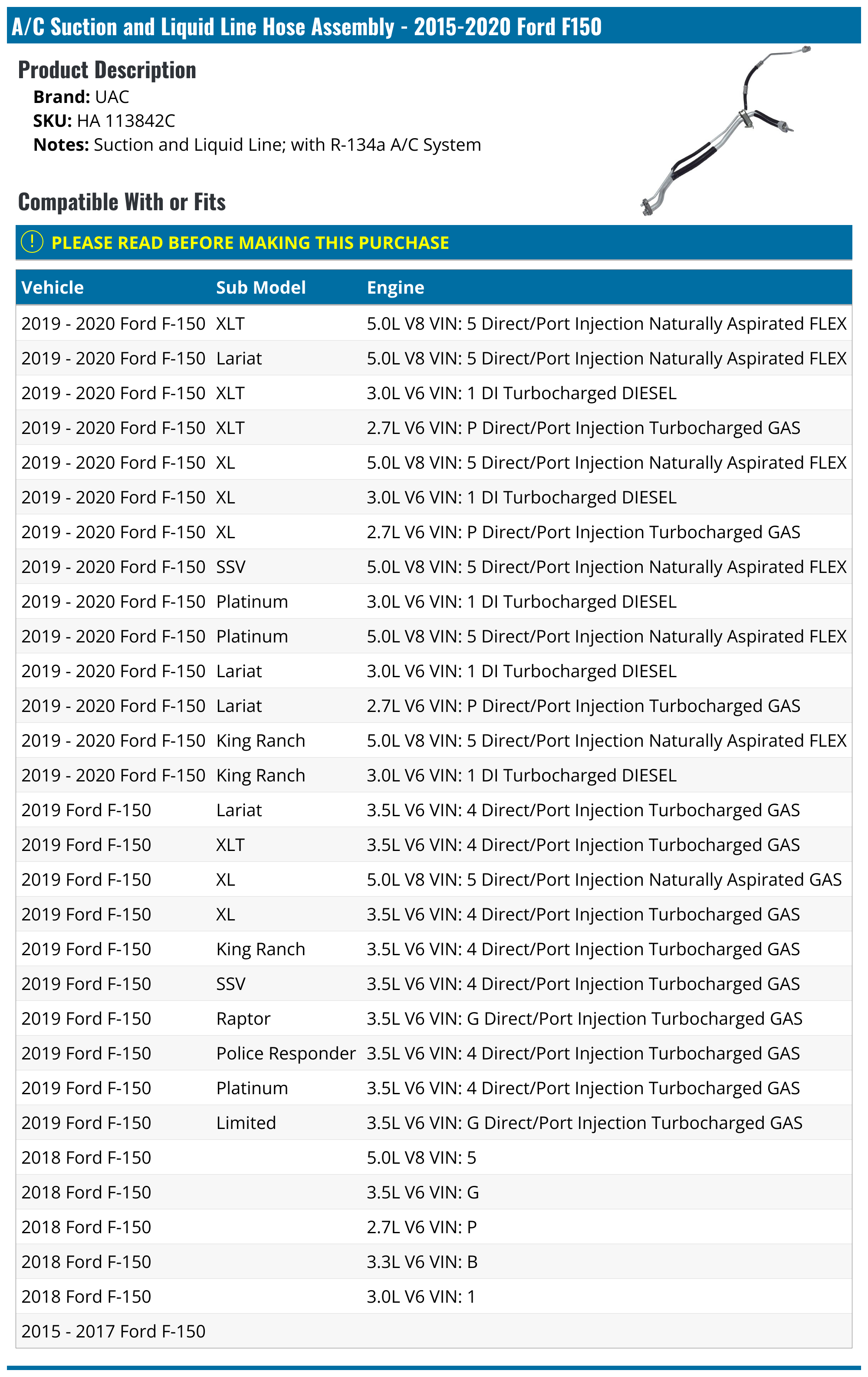 2015-2020 Ford F150 A/C Suction and Liquid Line Hose Assembly - UAC HA ...