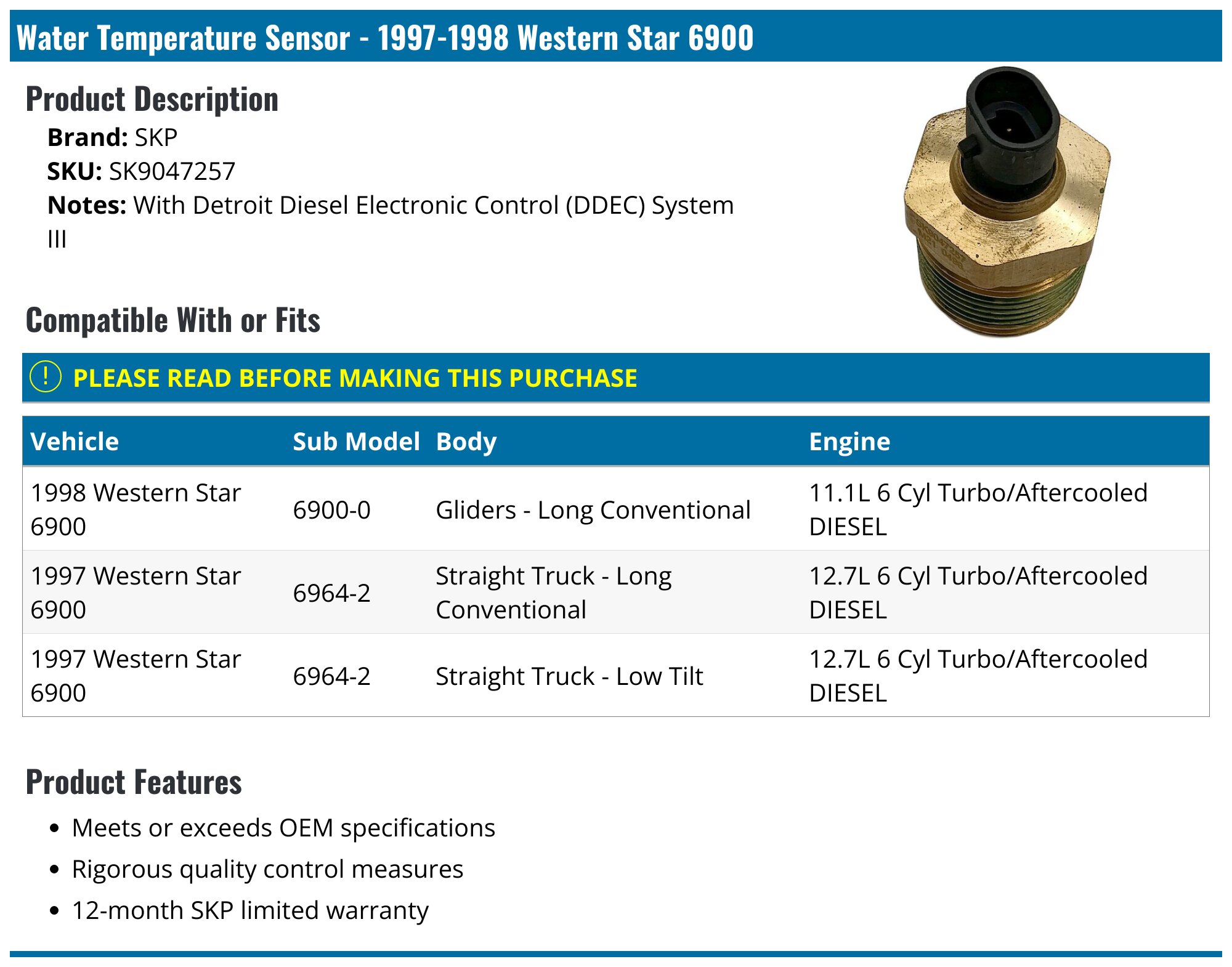 1997-1998 Western Star 6900 Water Temperature Sensor - SKP SK9047257 ...
