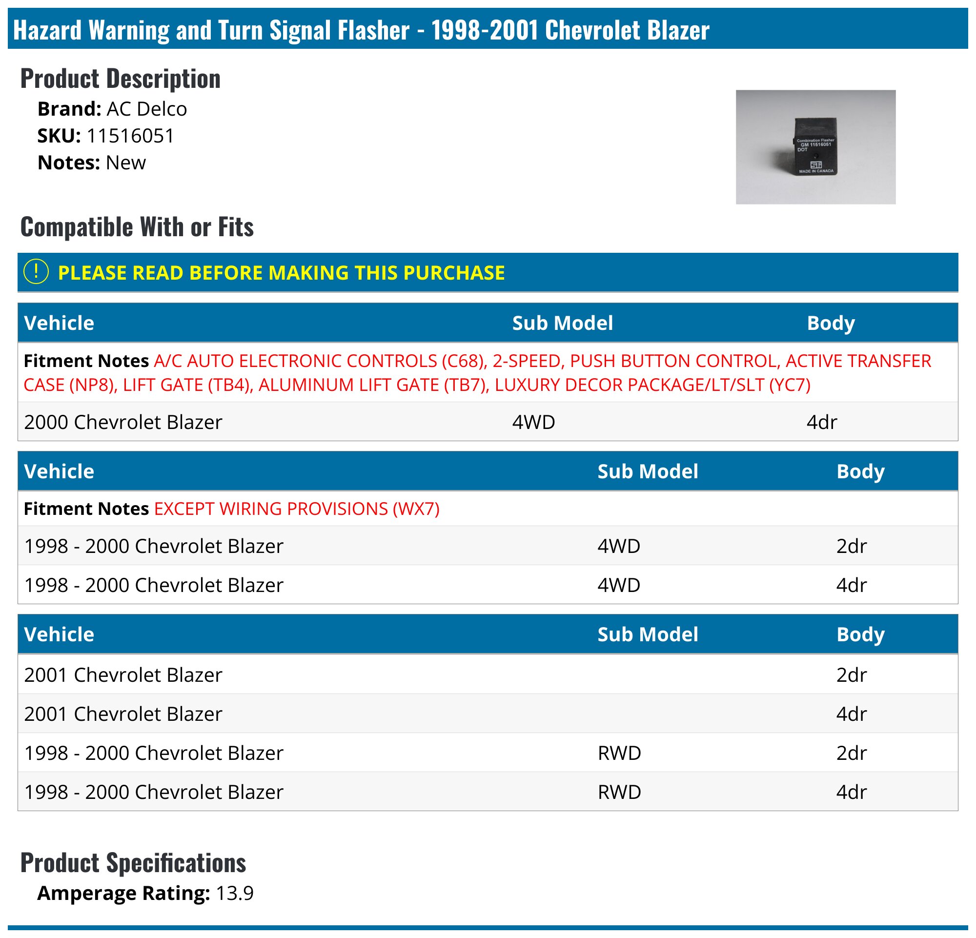 1998-2001 Chevrolet Blazer Hazard Warning Flasher - AC Delco 11516051 ...