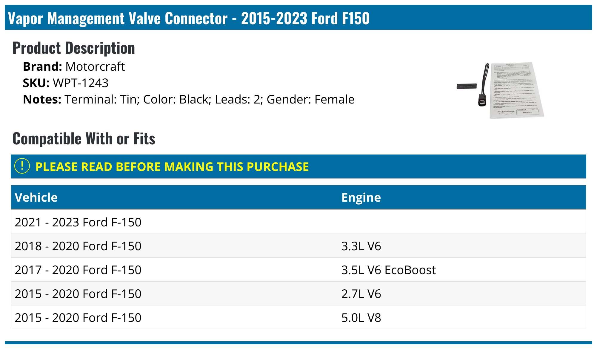 2015-2025 Ford F150 Vapor Management Valve Connector - Motorcraft WPT ...
