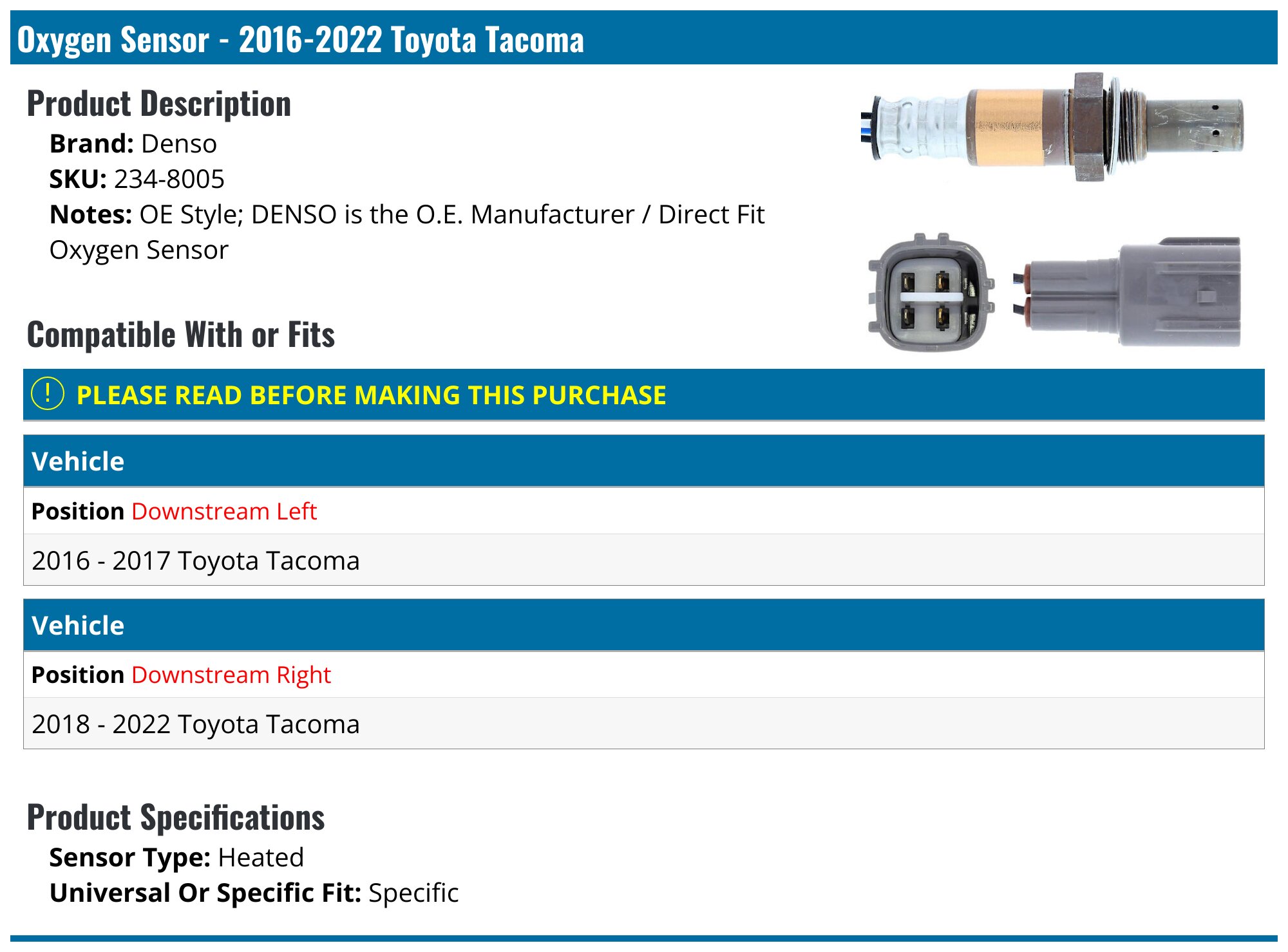 2016-2023 Toyota Tacoma Oxygen Sensor - Denso 234-8005 - Downstream ...
