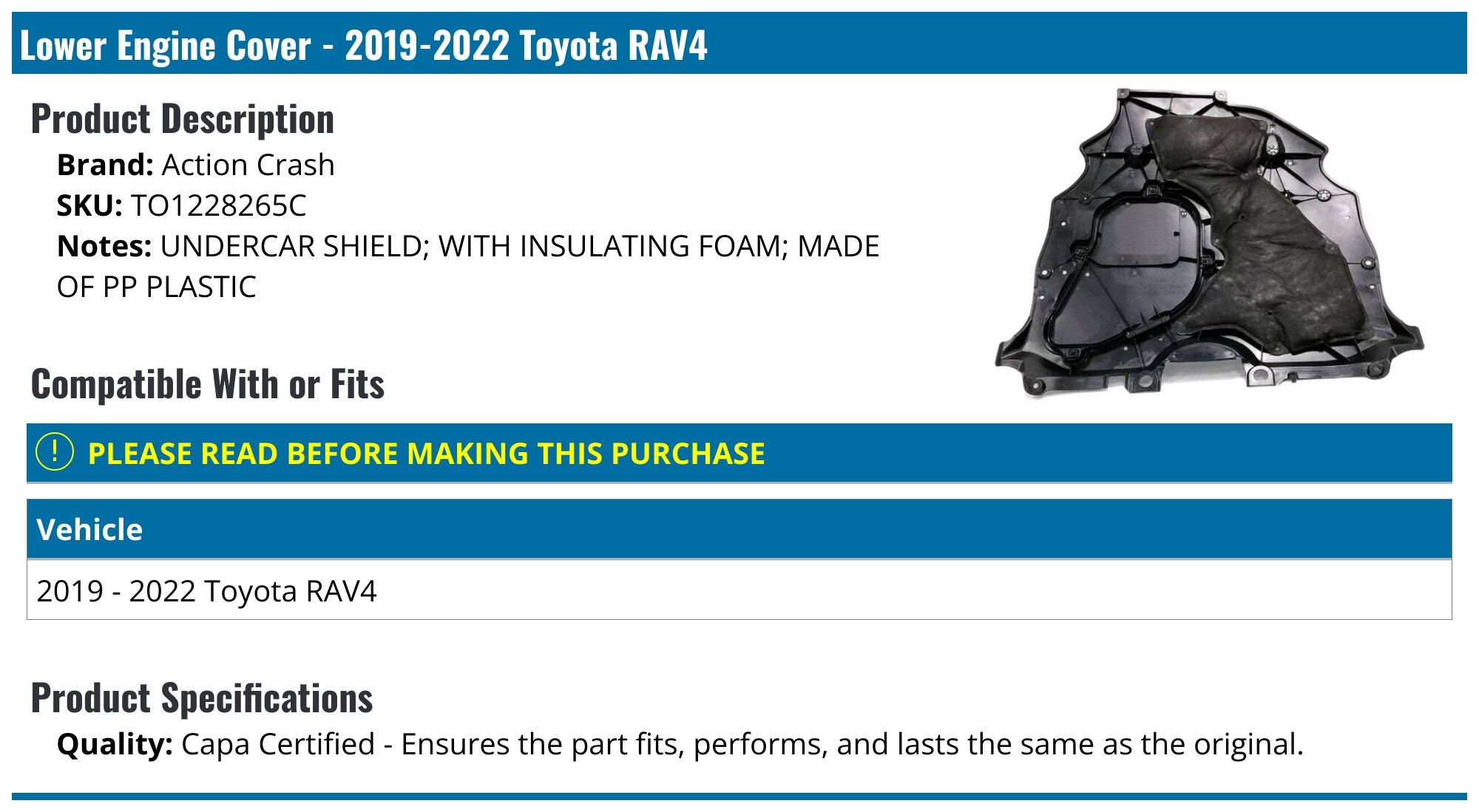2019-2022 Toyota RAV4 Lower Engine Cover - Action Crash TO1228265C ...