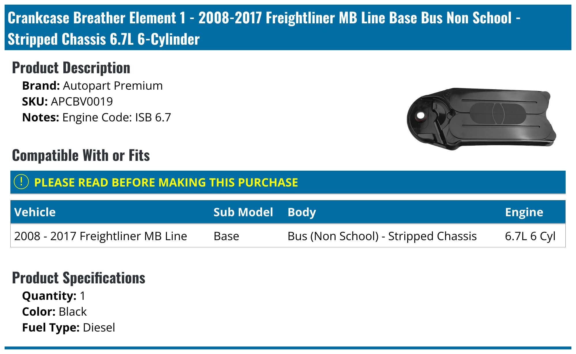 2008-2017 Freightliner MB Line Crankcase Breather Element - Autopart ...