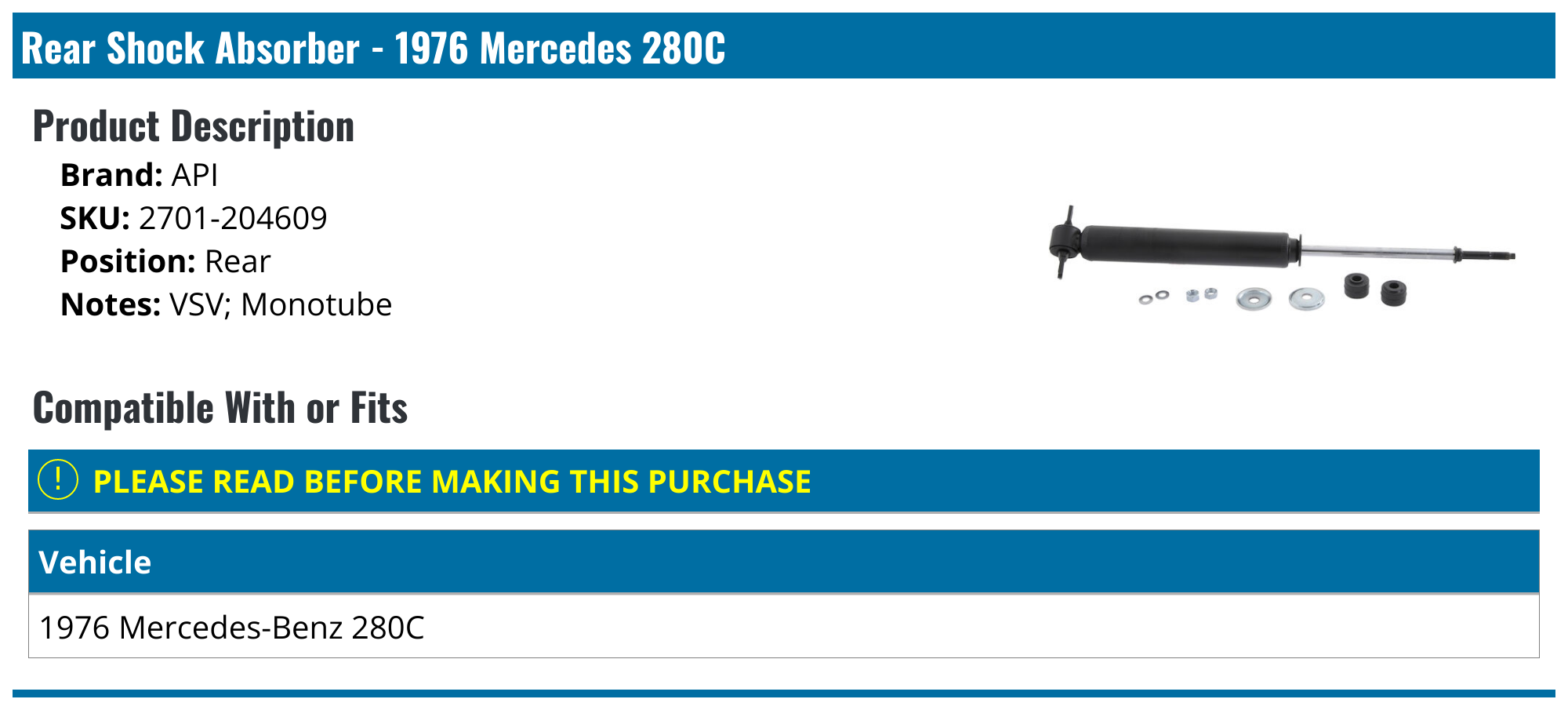 1976 Mercedes 280C Shock Absorber - API 6148-07651319 - Rear ...