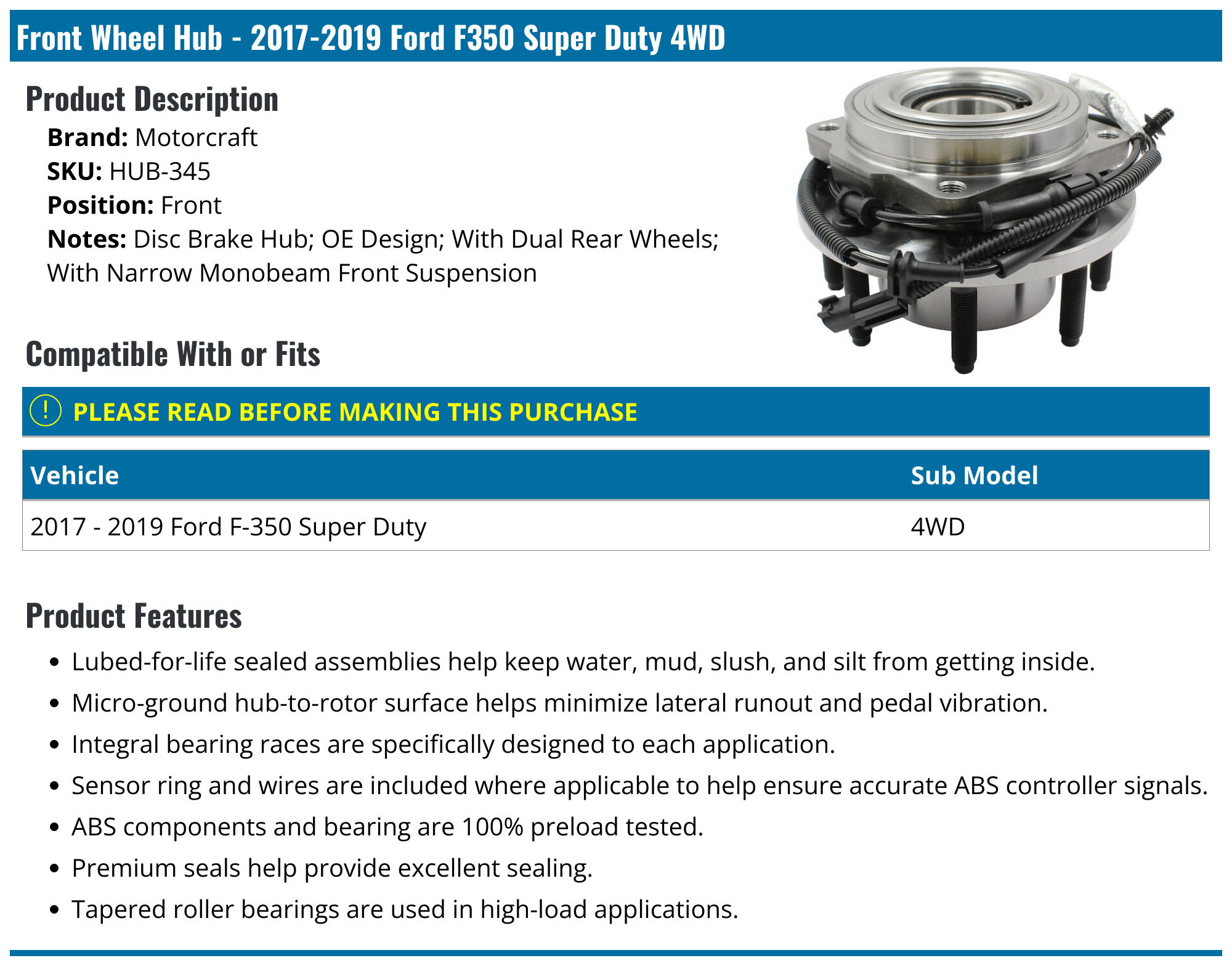 2017-2019 Ford F350 Super Duty Wheel Hub Assembly - Motorcraft HUB-345 ...