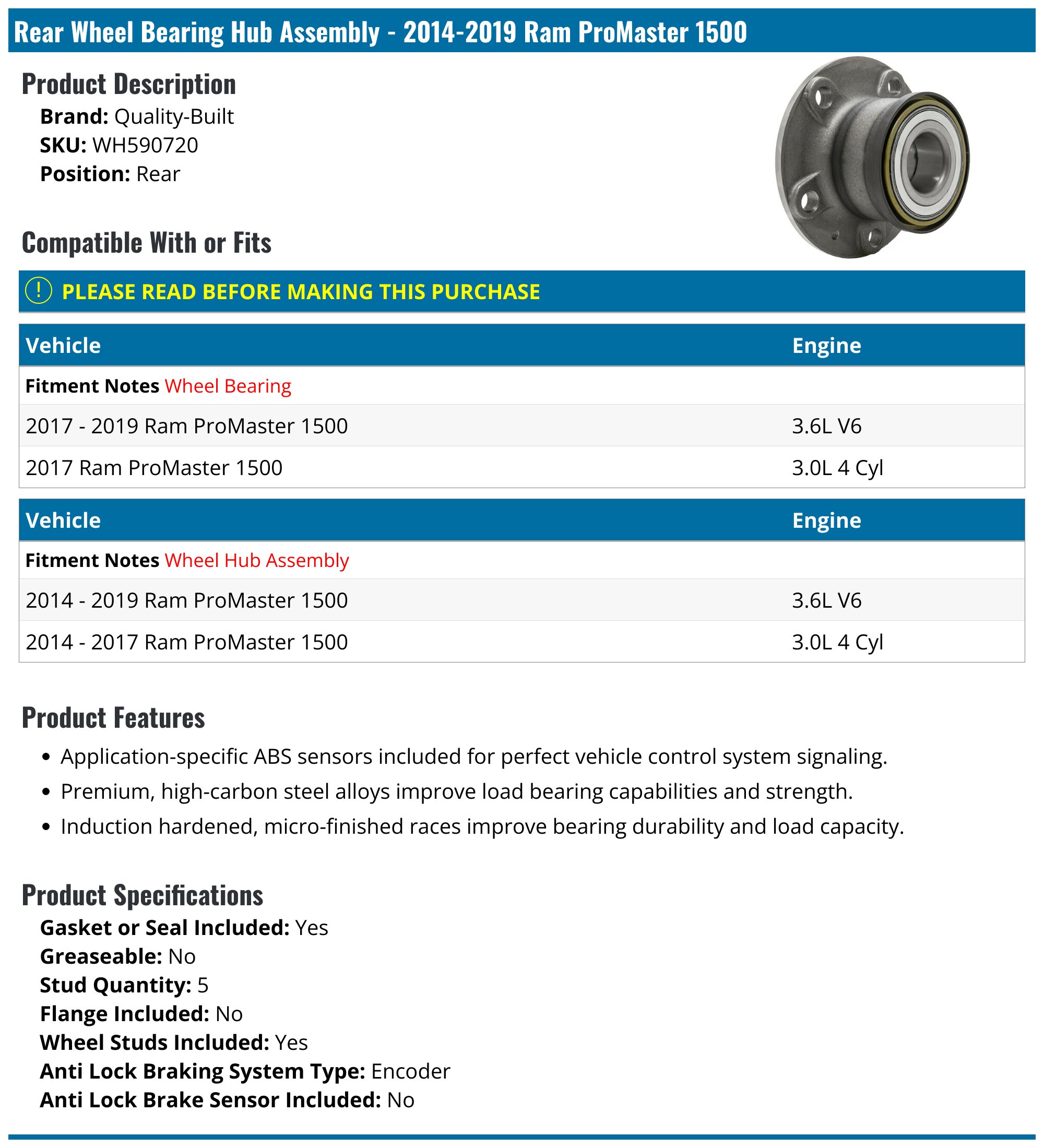2014-2023 Ram ProMaster 1500 Wheel Hub Assembly - Quality-Built ...