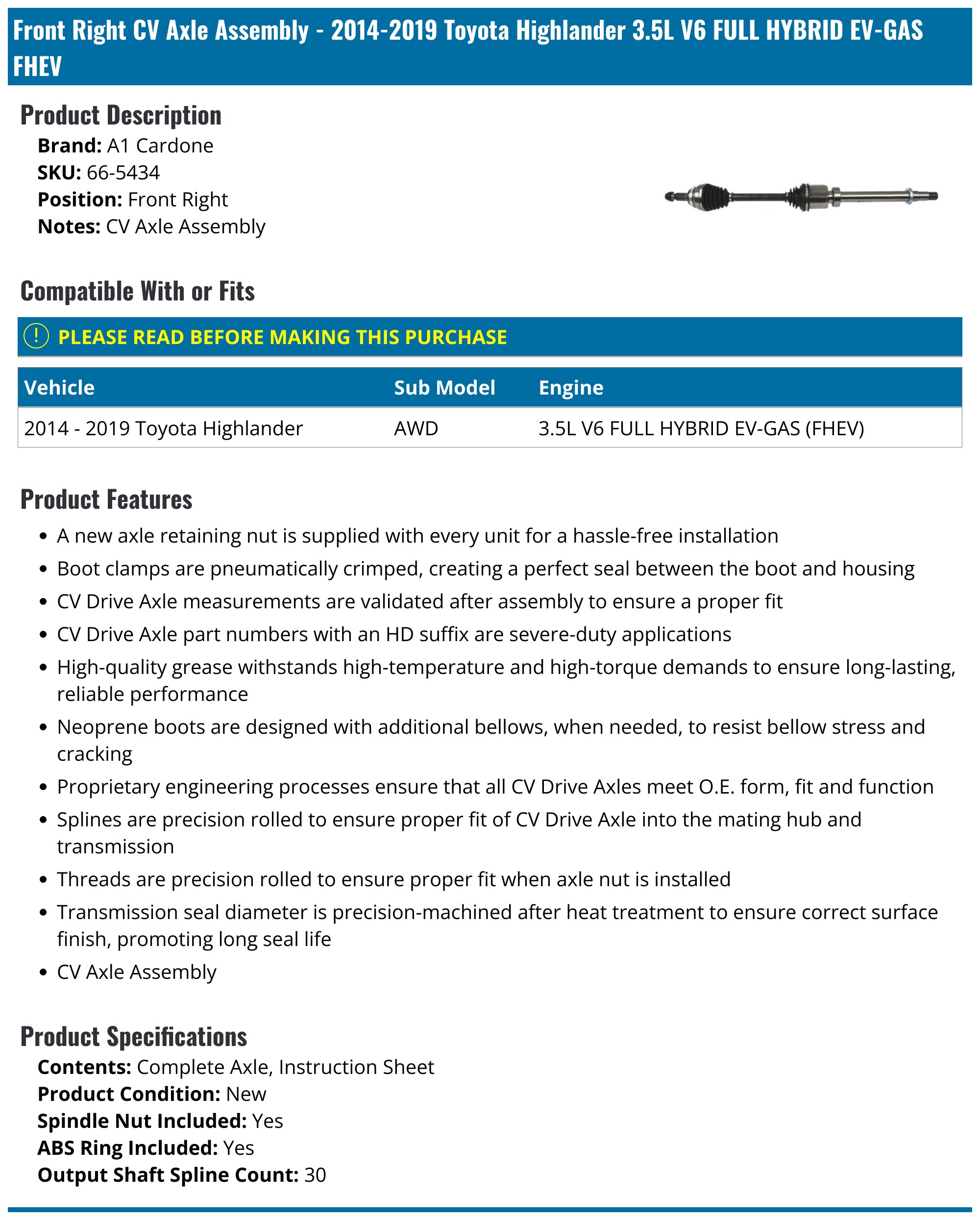 2014-2019 Toyota Highlander Axle Assembly - A1 Cardone 66-5434 - Front ...
