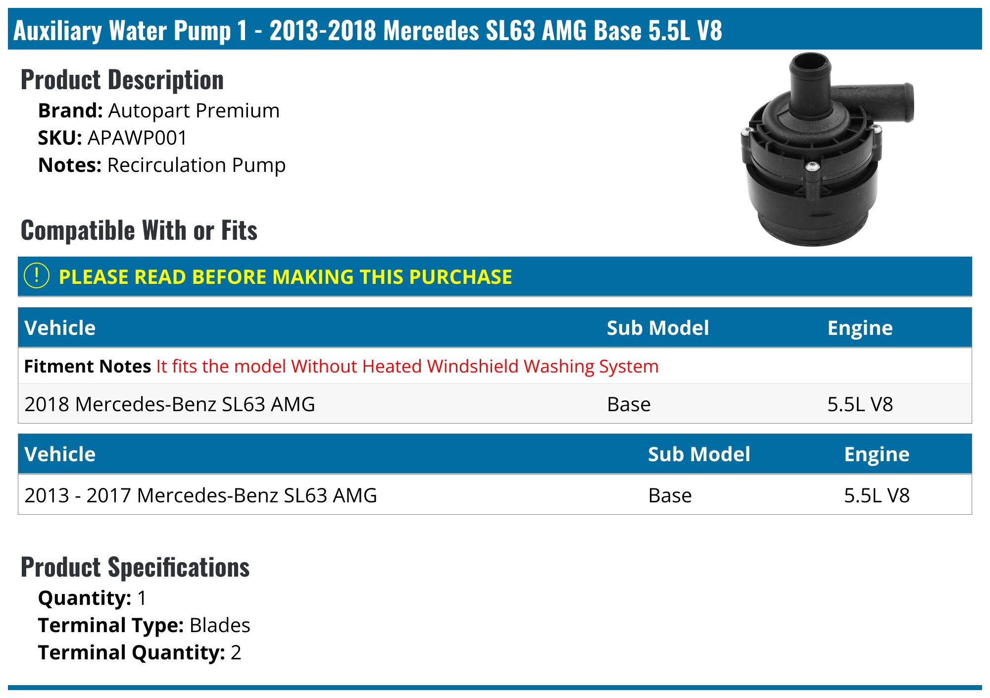 2013-2018 Mercedes SL63 AMG Water Pump - Autopart Premium APAWP001 ...