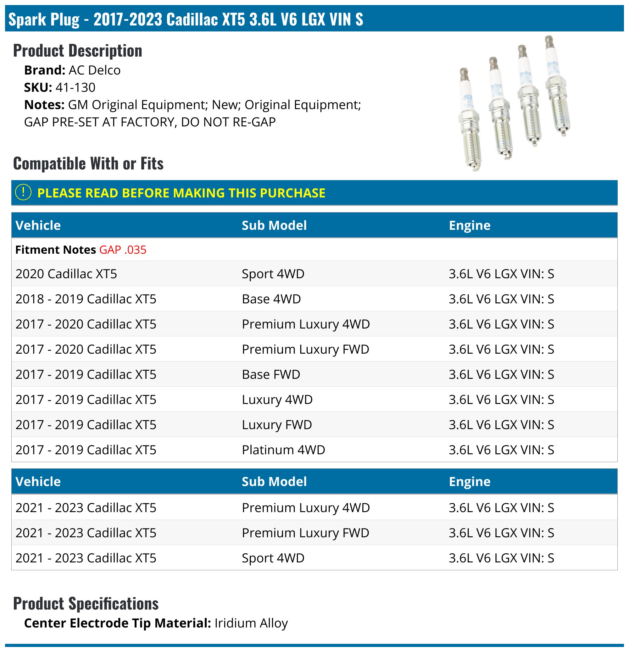 2017-2025 Cadillac XT5 Spark Plug - AC Delco 41-130 - PartsGeek.com
