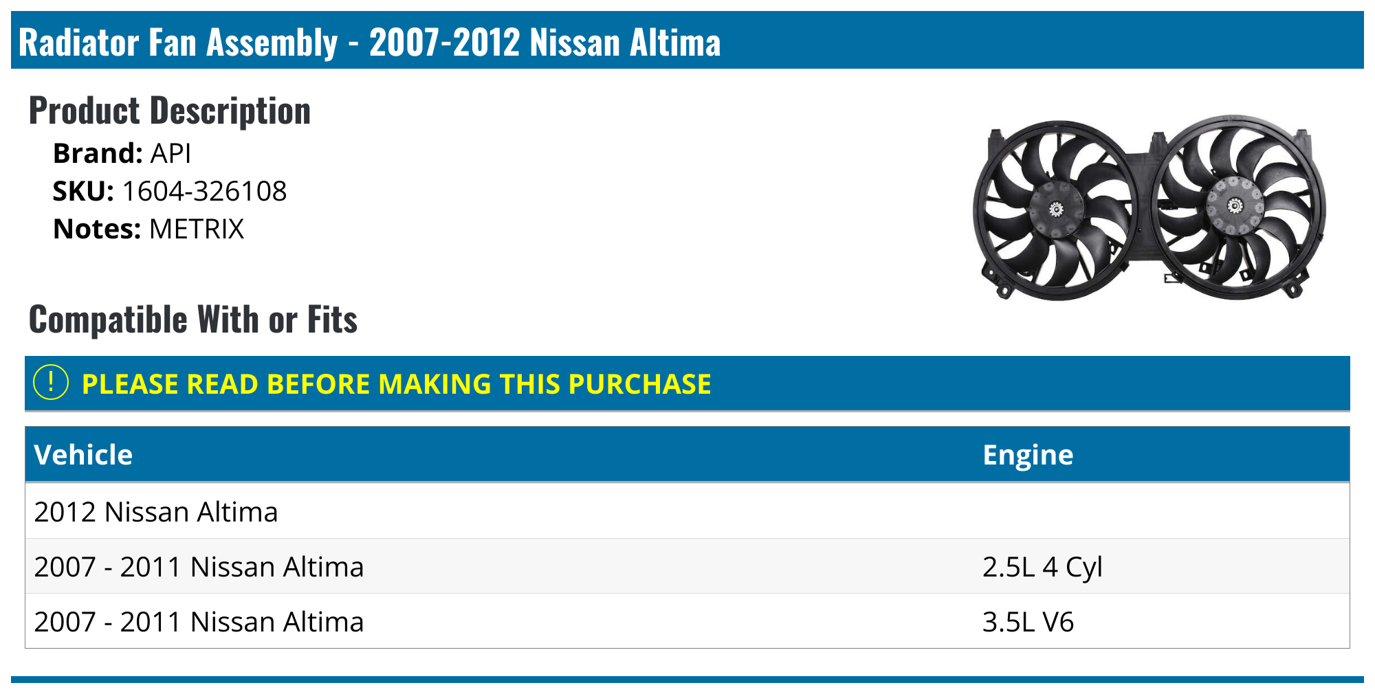 2007-2012 Nissan Altima Radiator Fan Assembly - API 19002-02293542 ...