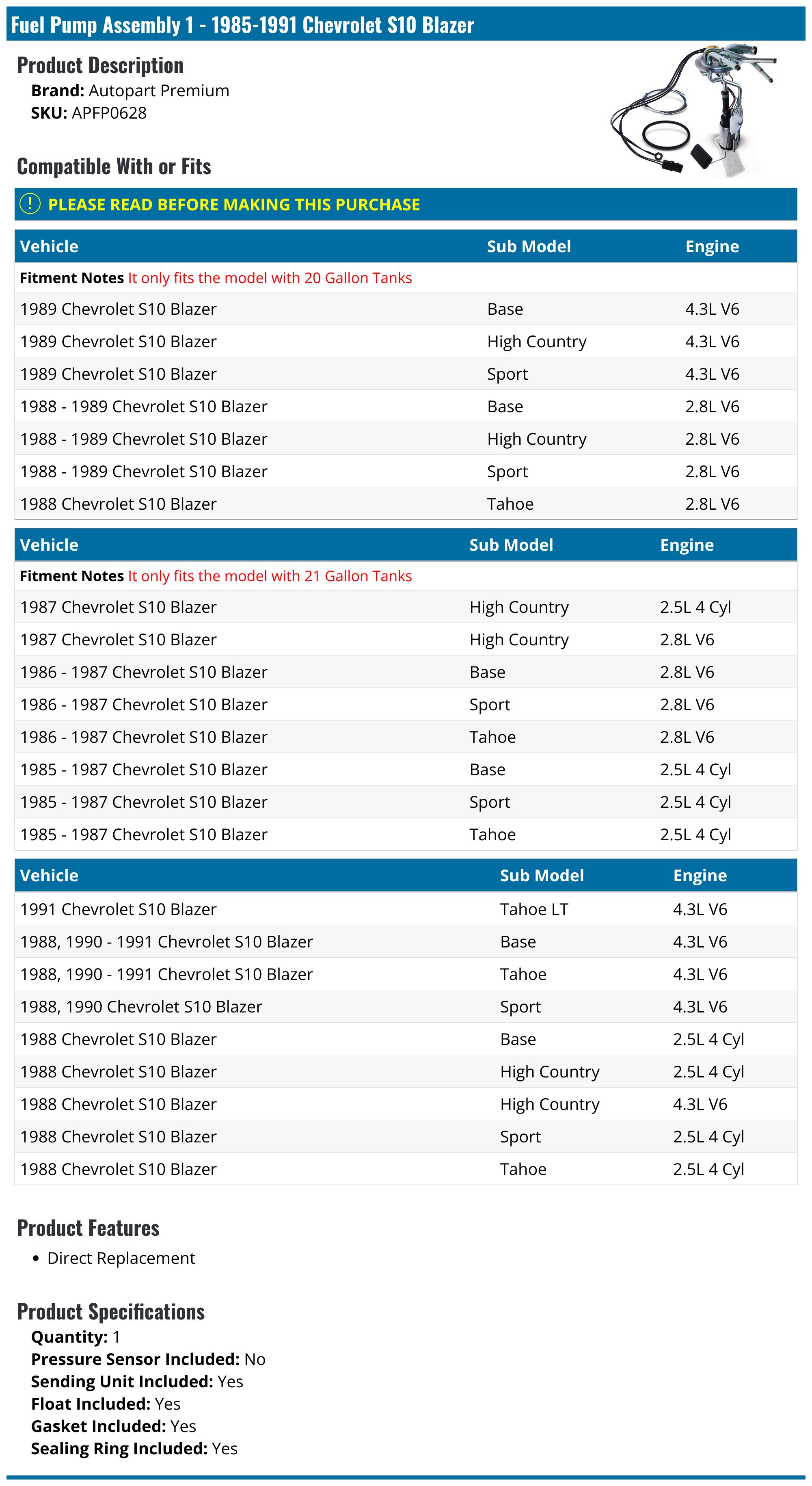 1985-1991 Chevrolet S10 Blazer Fuel Pump - Autopart Premium APFP0628 ...