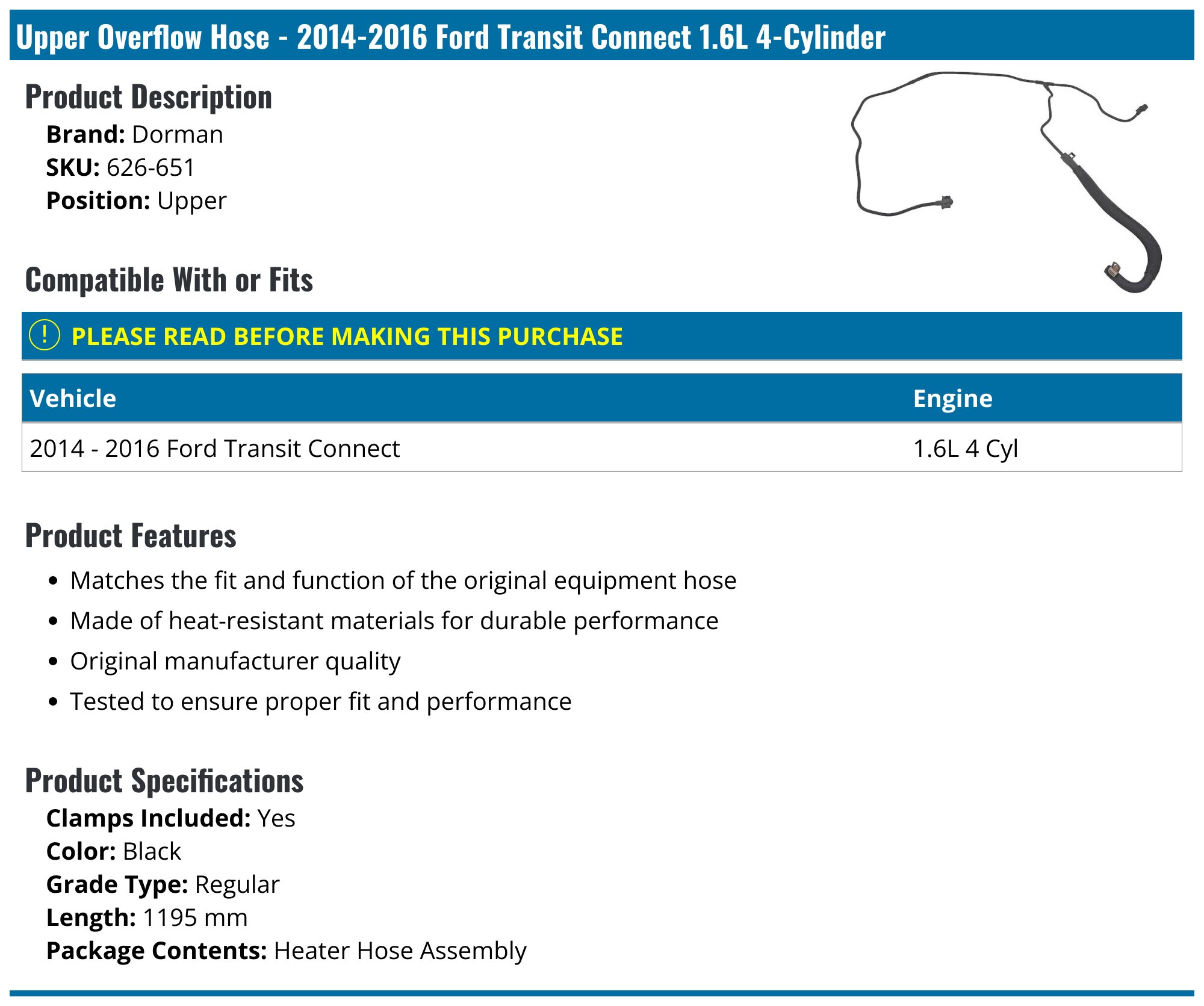 2014-2016 Ford Transit Connect Overflow Hose - Dorman 626-651 - Upper ...
