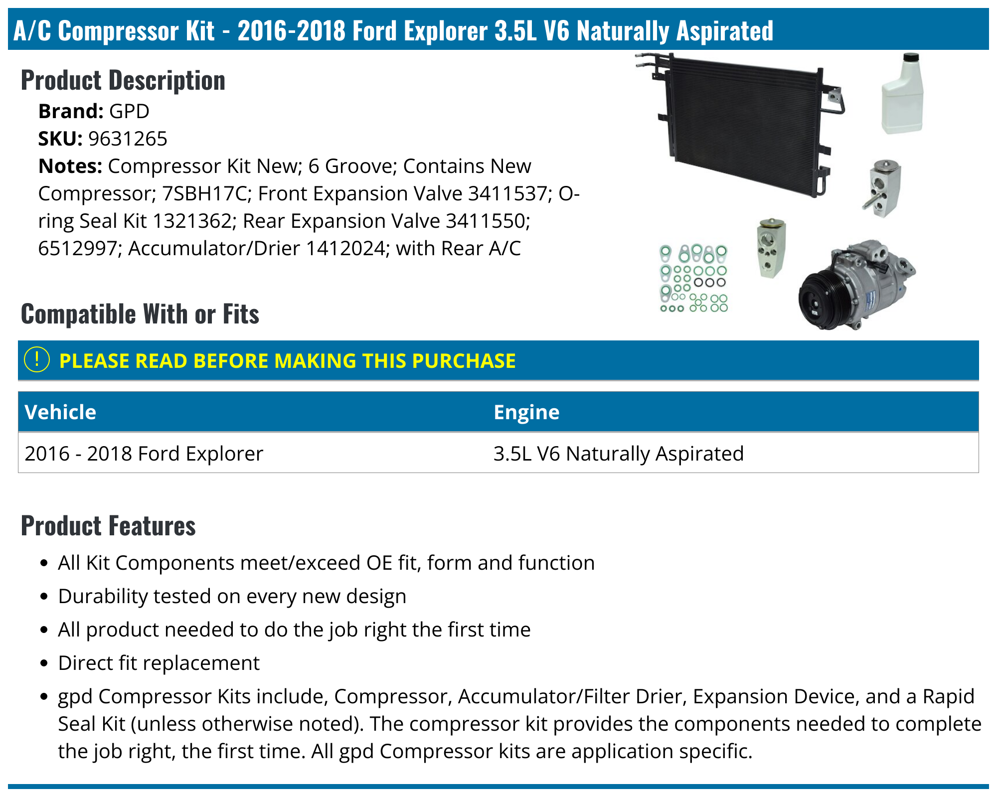 2016-2018 Ford Explorer A/C Compressor - GPD 9631265 - PartsGeek.com