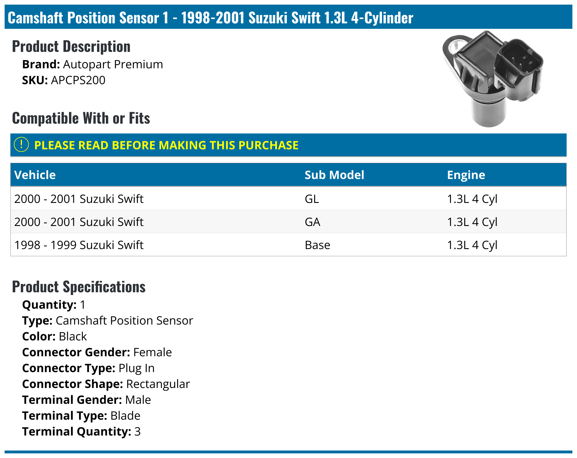 1998-2001 Suzuki Swift Camshaft Position Sensor - Autopart Premium ...