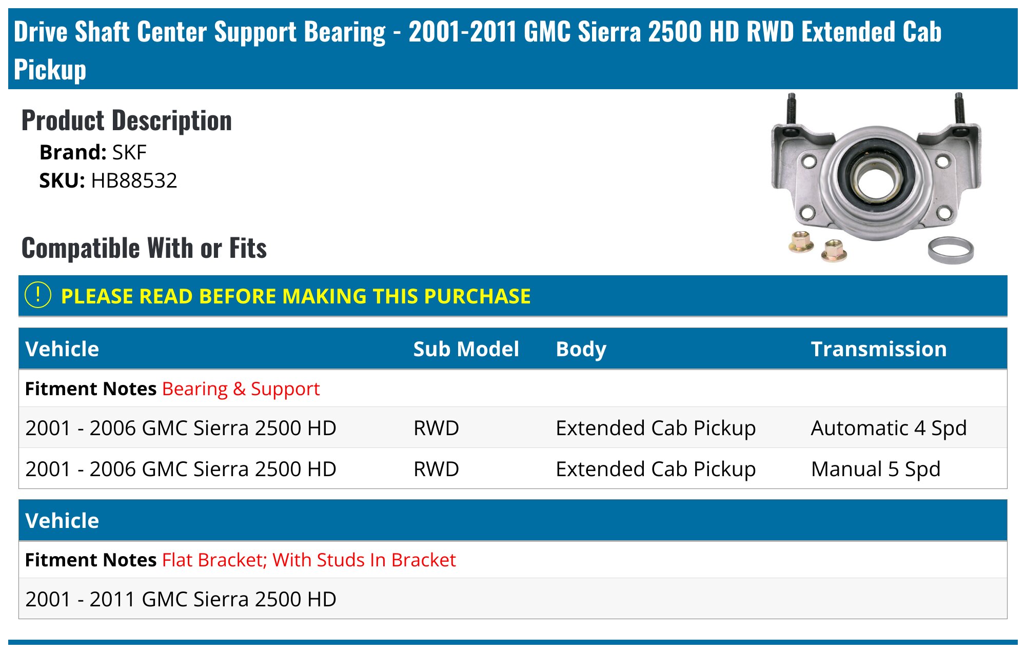 2001-2011 GMC Sierra 2500 HD Drive Shaft Center Support Bearing - SKF ...